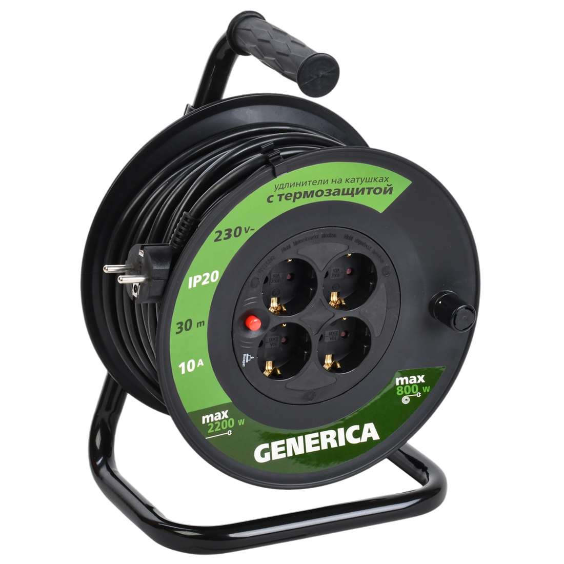 Удлинитель силовой на катушке GENERICA 10А УК30 с термозащитой 4 места 2P+PE 30м. WKP10-10-04-30-G
