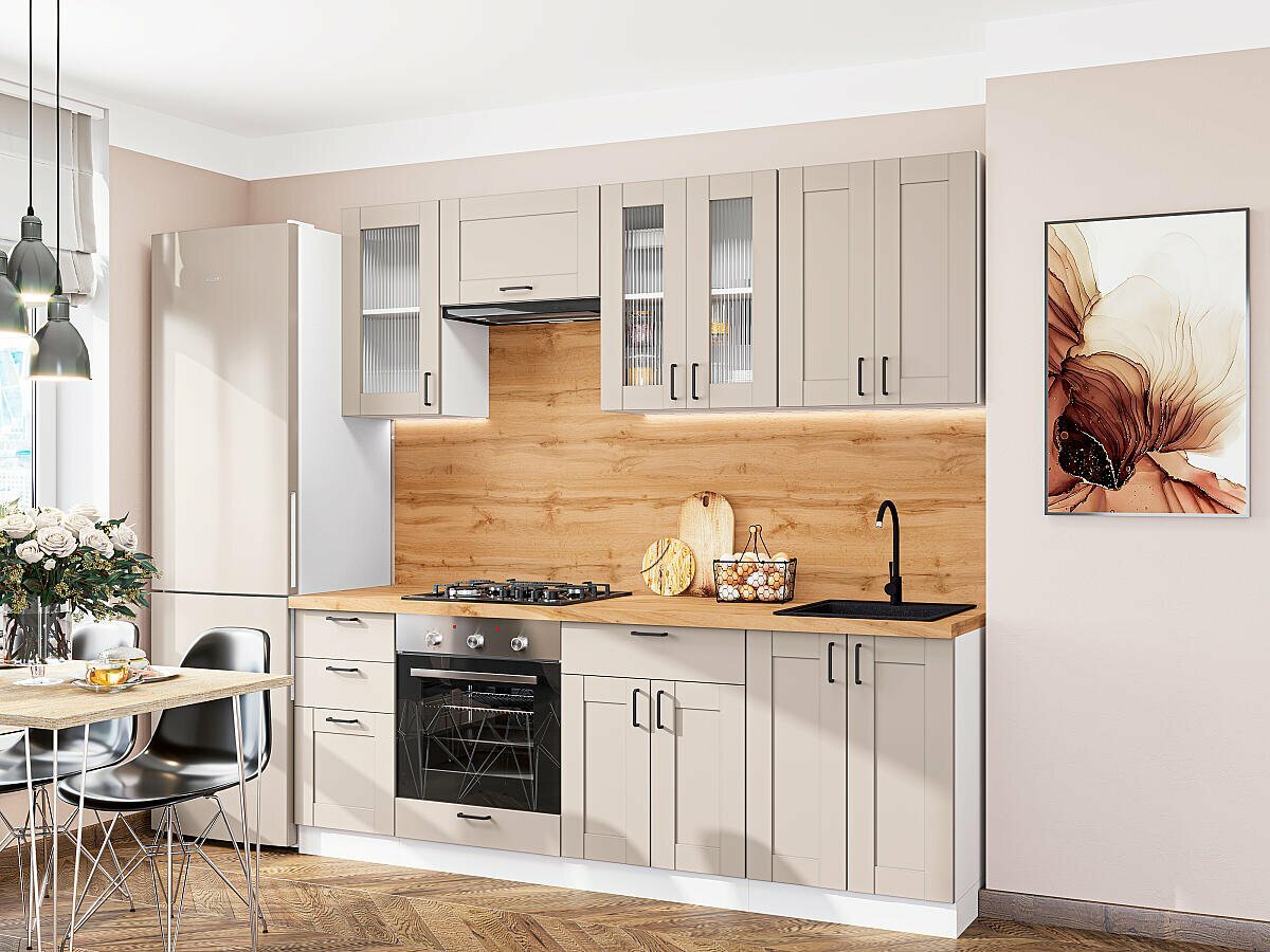 Кухня Лофт-01, цвет фасада Cream Silk, цвет каркаса Белый, 2140*2200*600 мм