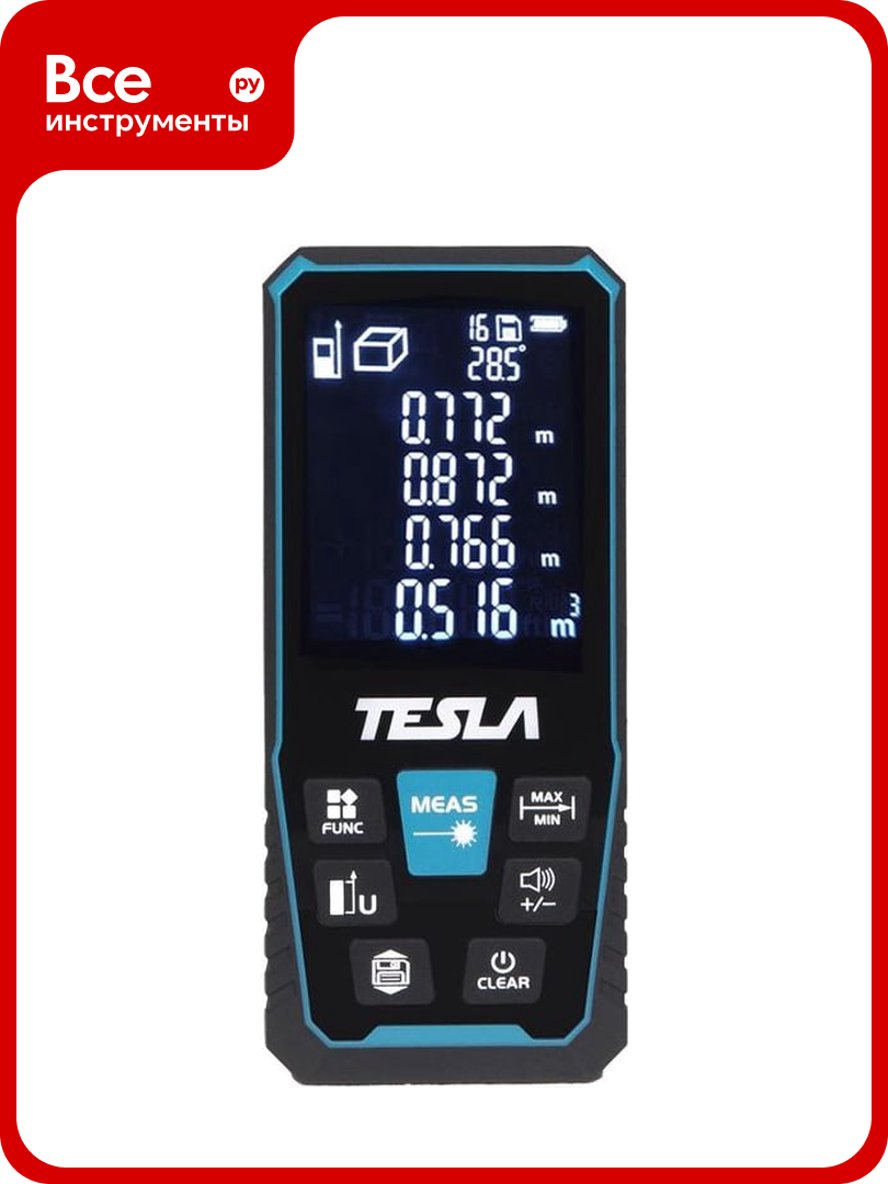 Дальномер лазерный TESLA DL50 дальность 50 метров, точность ±2мм 604964, пластиковый, и площадей