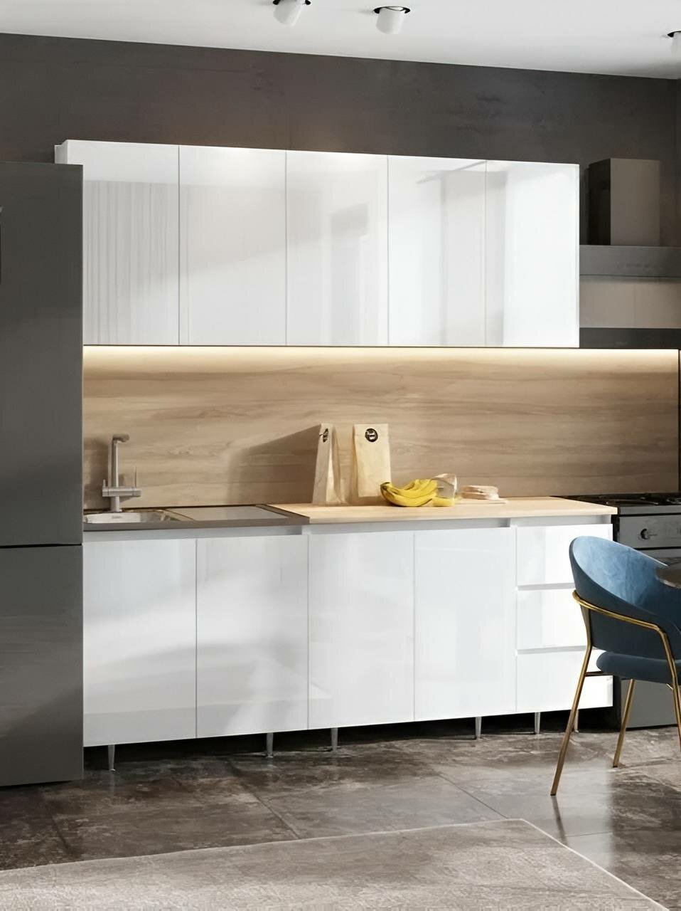 Кухонный гарнитур Челси МДФ 2м белый глянец со столешницей МИФ