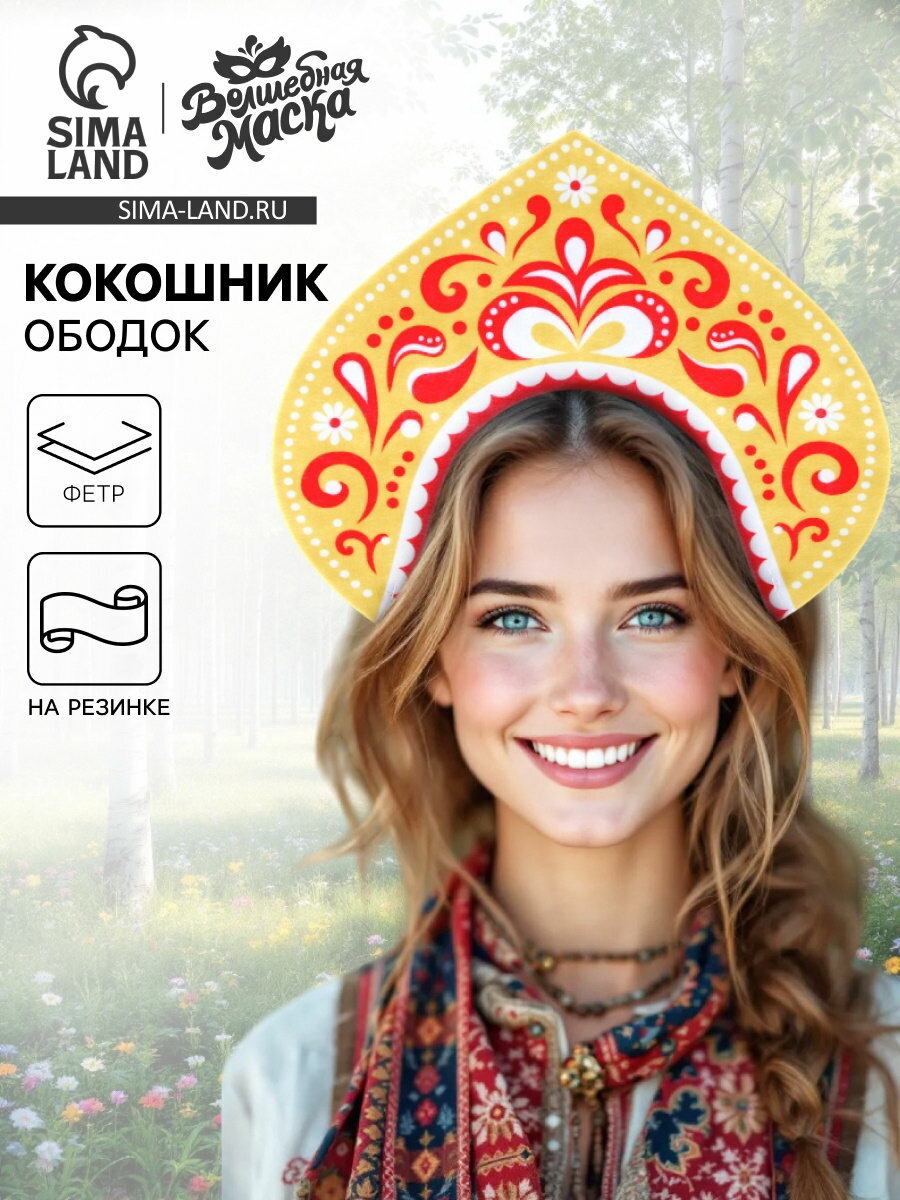 Ободок кокошник "Царица", фетр, цвет: жёлтый, персонажи: русский народный