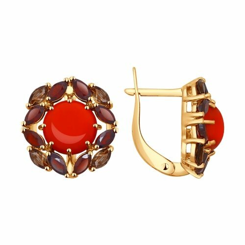 Серьги, золото, 585 проба, раухтопаз, коралл, гранат