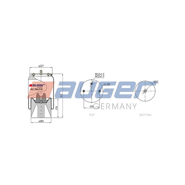 AUGER AU 346318-KP пневмоподушка со стак. 2шт. m8 1отв.-шт. m12 / 22 смещ.73 поршень (п) 1отв. m12\ schmitz