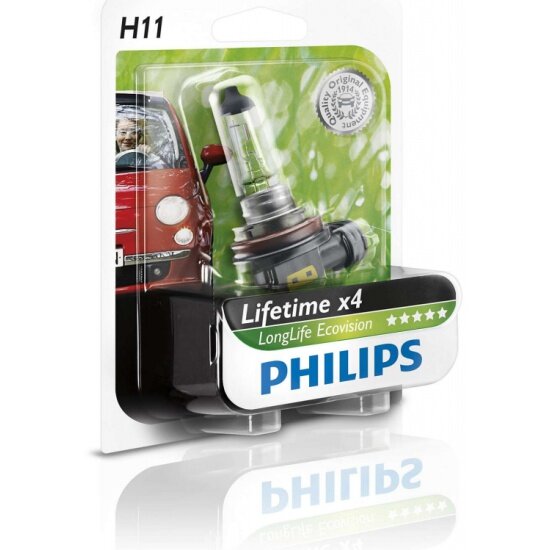 Лампа автомобильная Philips Longlife EcoVision H11 55W PGJ19-2 3100K 12V, 1шт, 12362LLECOB1