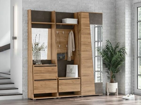 Прихожая МиФ "Соренто", дуб крафт, бетон, модульная, с зеркалом, для узкой прихожей
