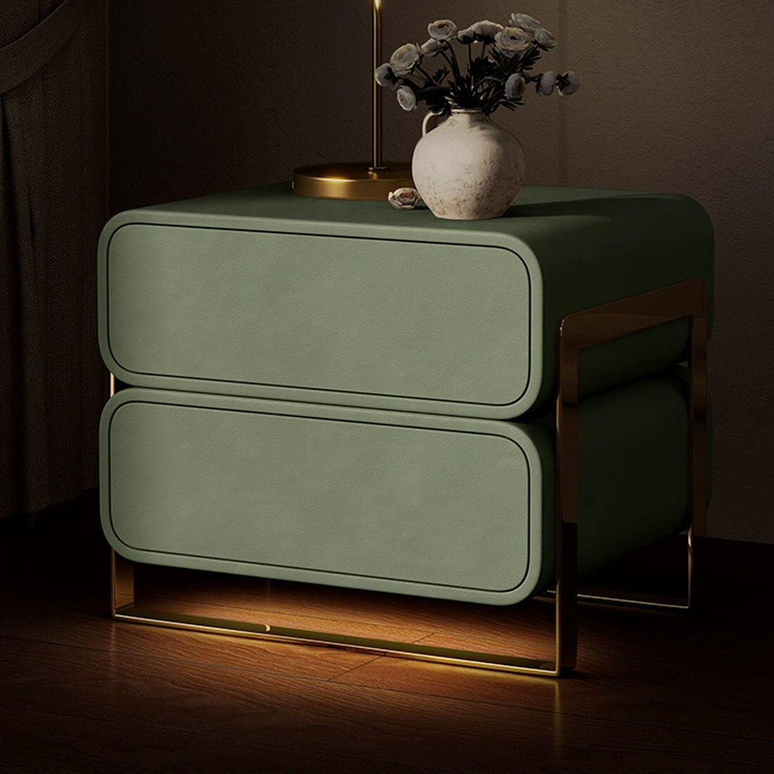 Кожаная прикроватная тумбочка в итальянском стиле Lucia (с подсветкой, зеленый)