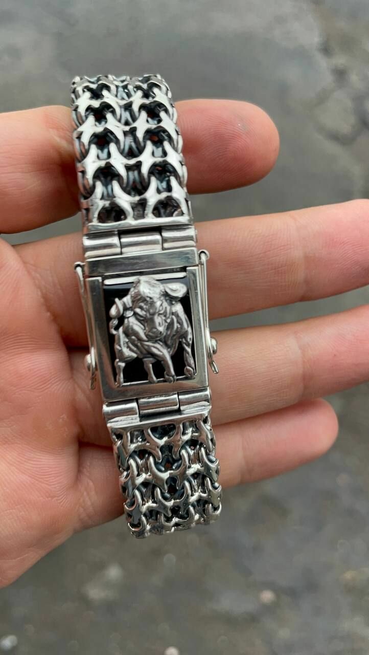 Браслет, серебро, 925 проба, обсидиан