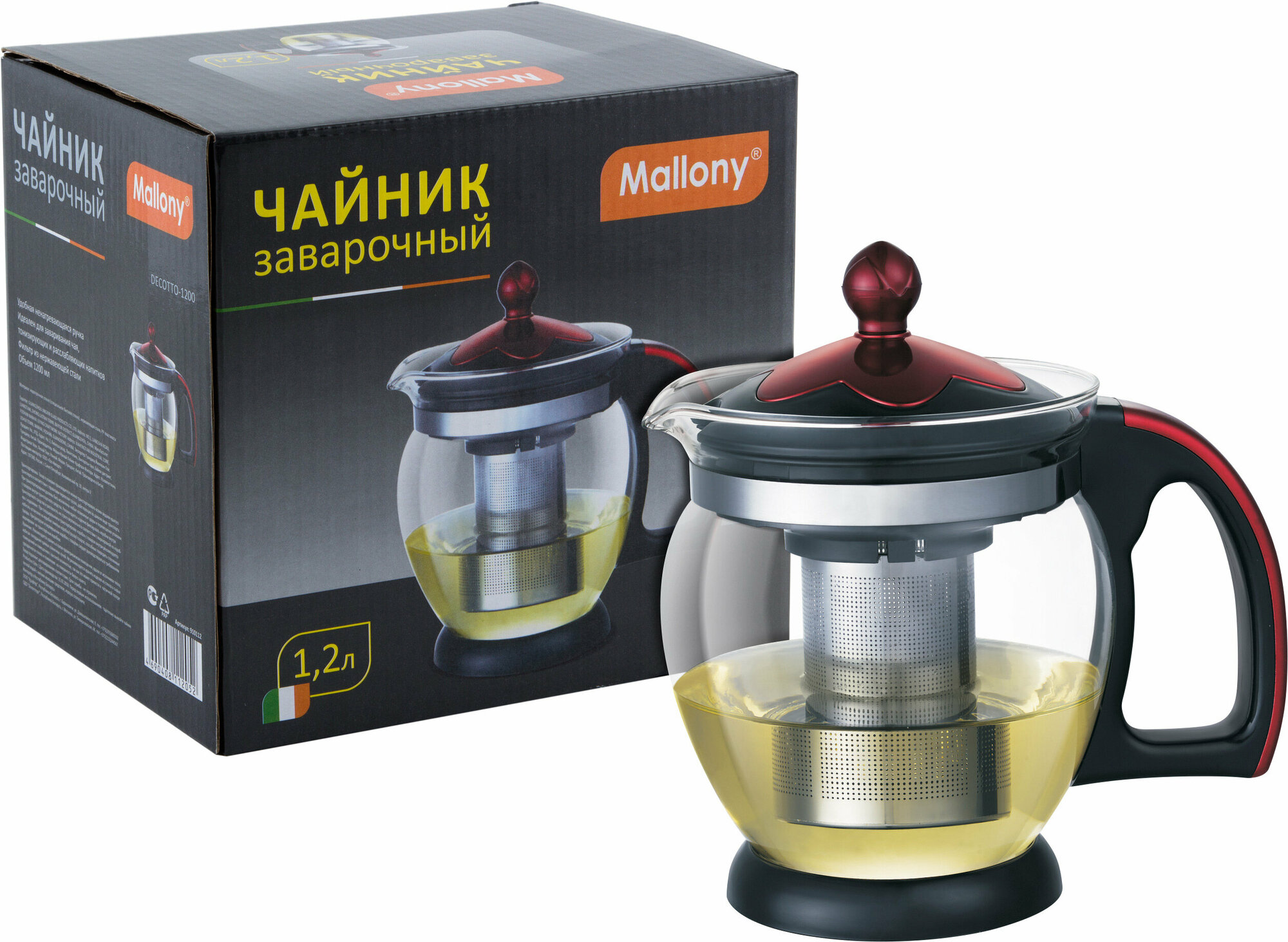 Mallony Заварочный чайник Decotto-1200 910112, 1.2 л, 1.2 л, черный/красный