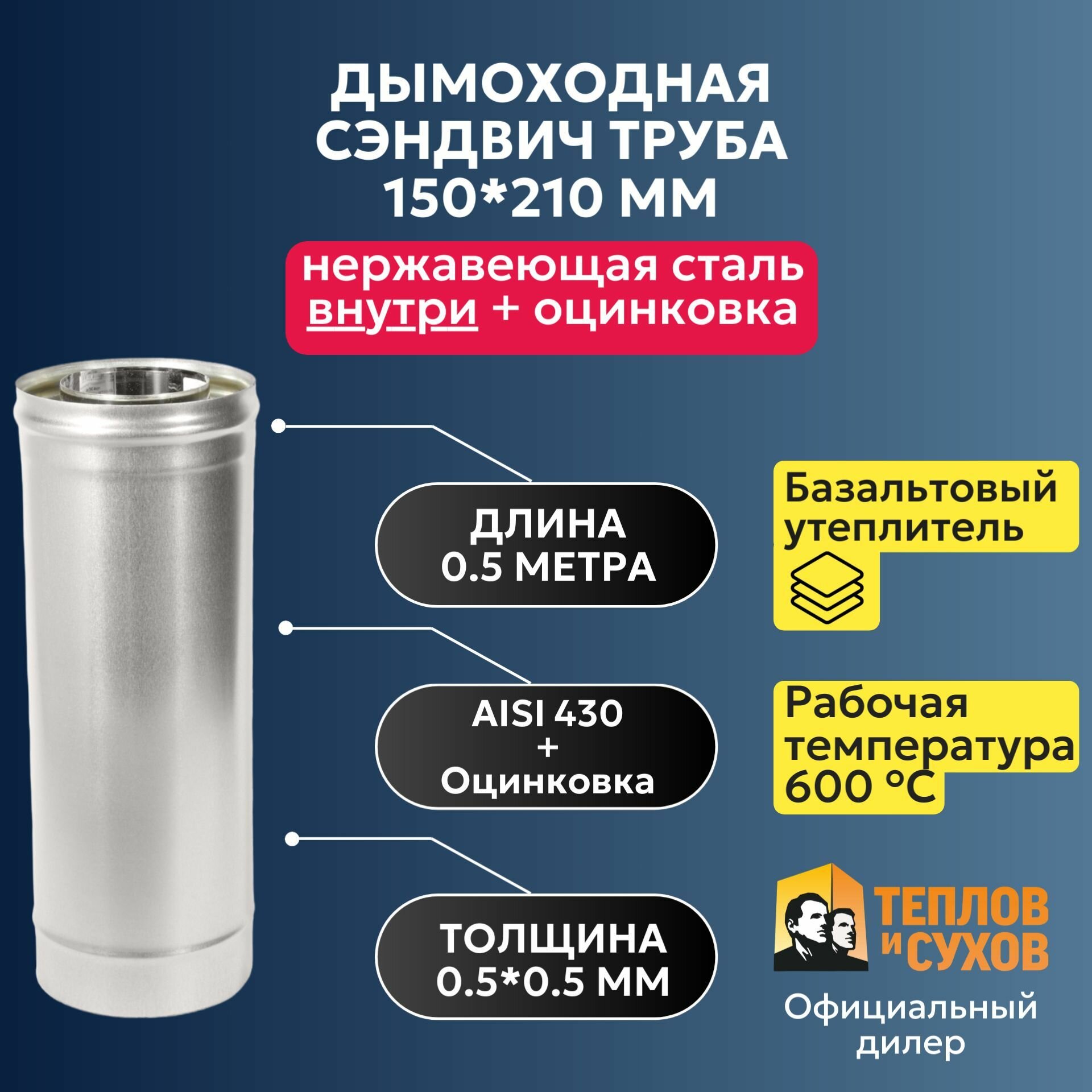 Сэндвич труба для дымохода 150х210 мм AISI 430 (0,5 мм)/Оцинковка (0,5 мм) нержавейка и оцинковка утепленная длинной 0.5 Метра, жаростойкая термо, для котла, отопительной печи и камина