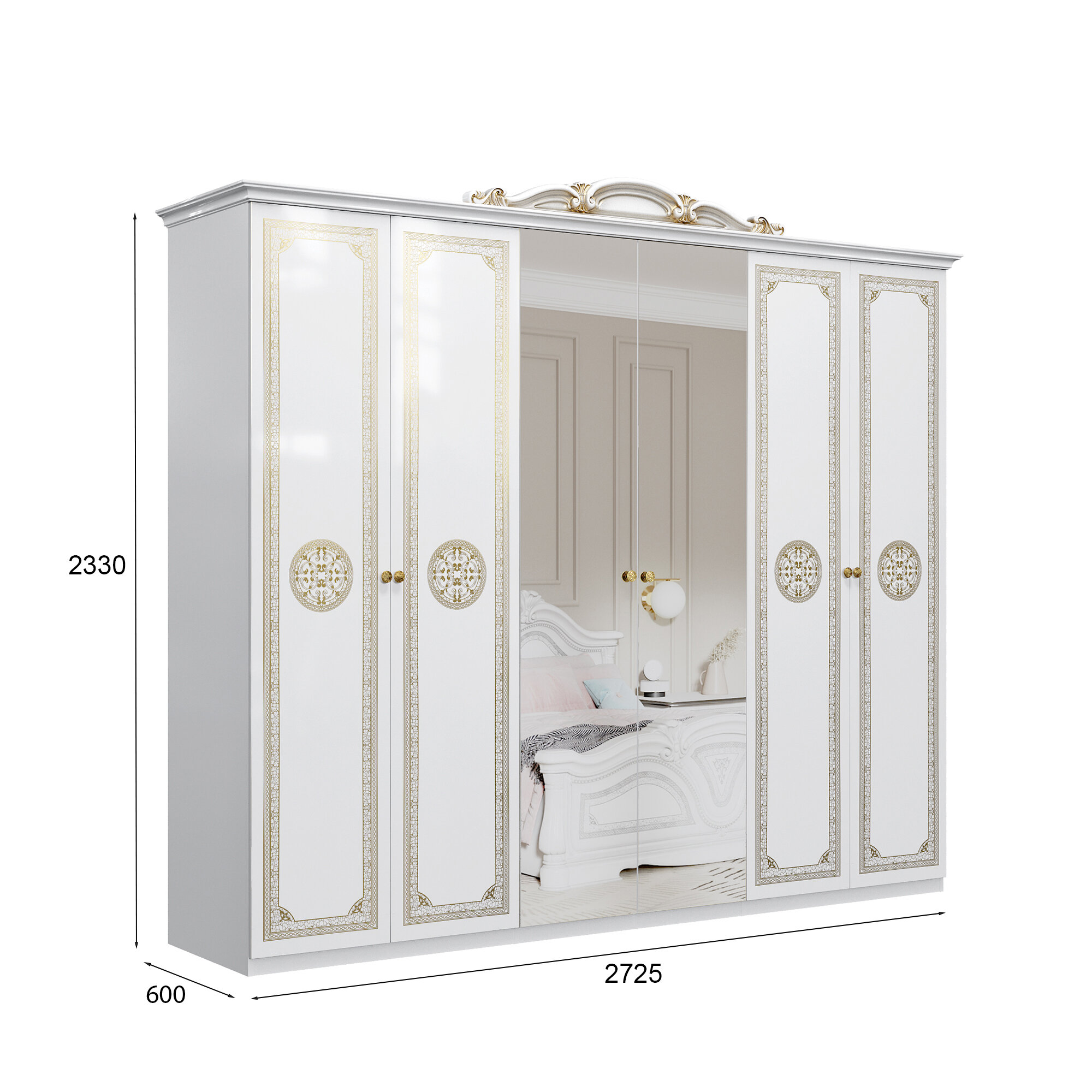 Шкаф Грация шестидверный распашной, цвет белое золото, фабрики Диа Мебель, Россия.