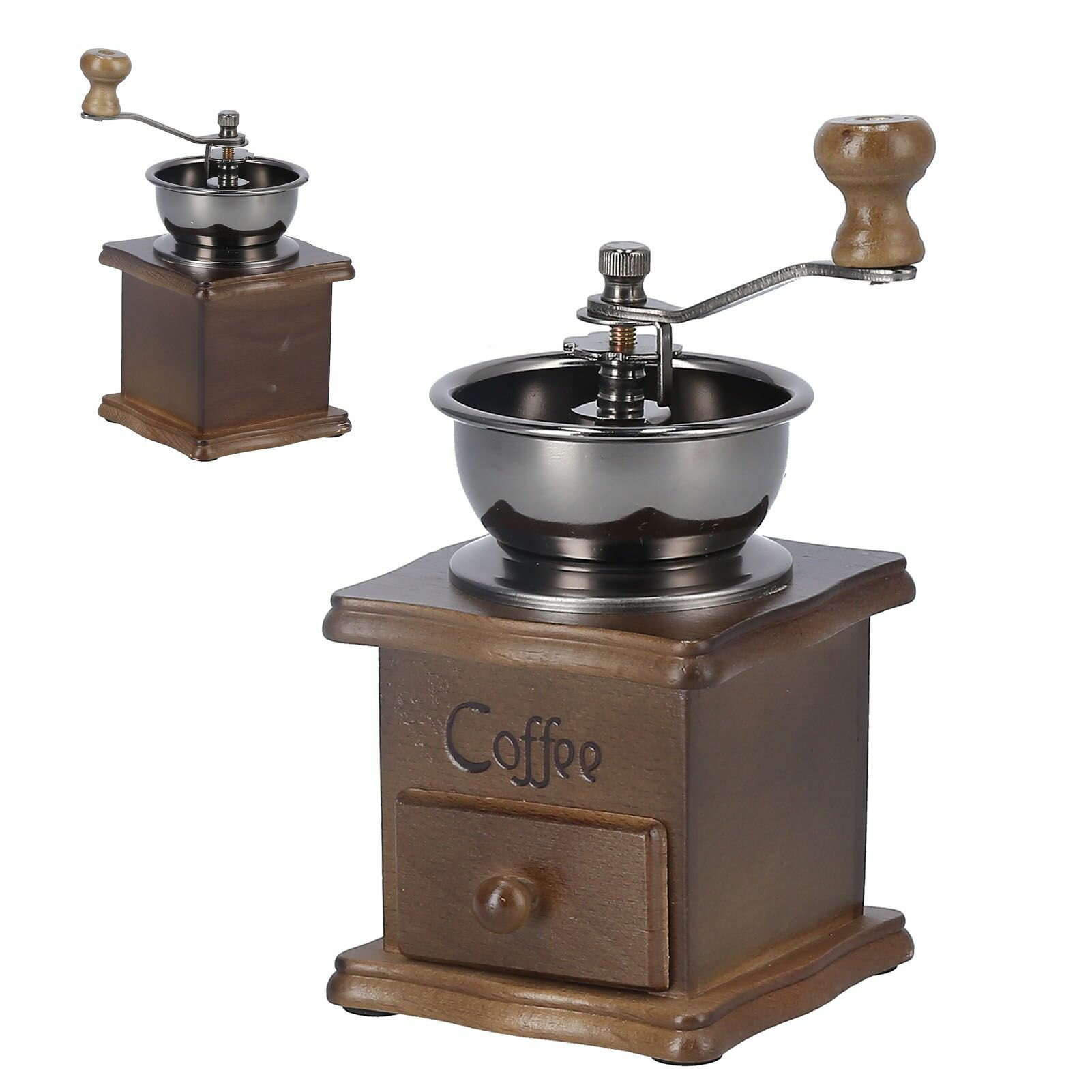 Кофемолка ручная, нержавеющая сталь, буковая, ретро-стиль, коричневый