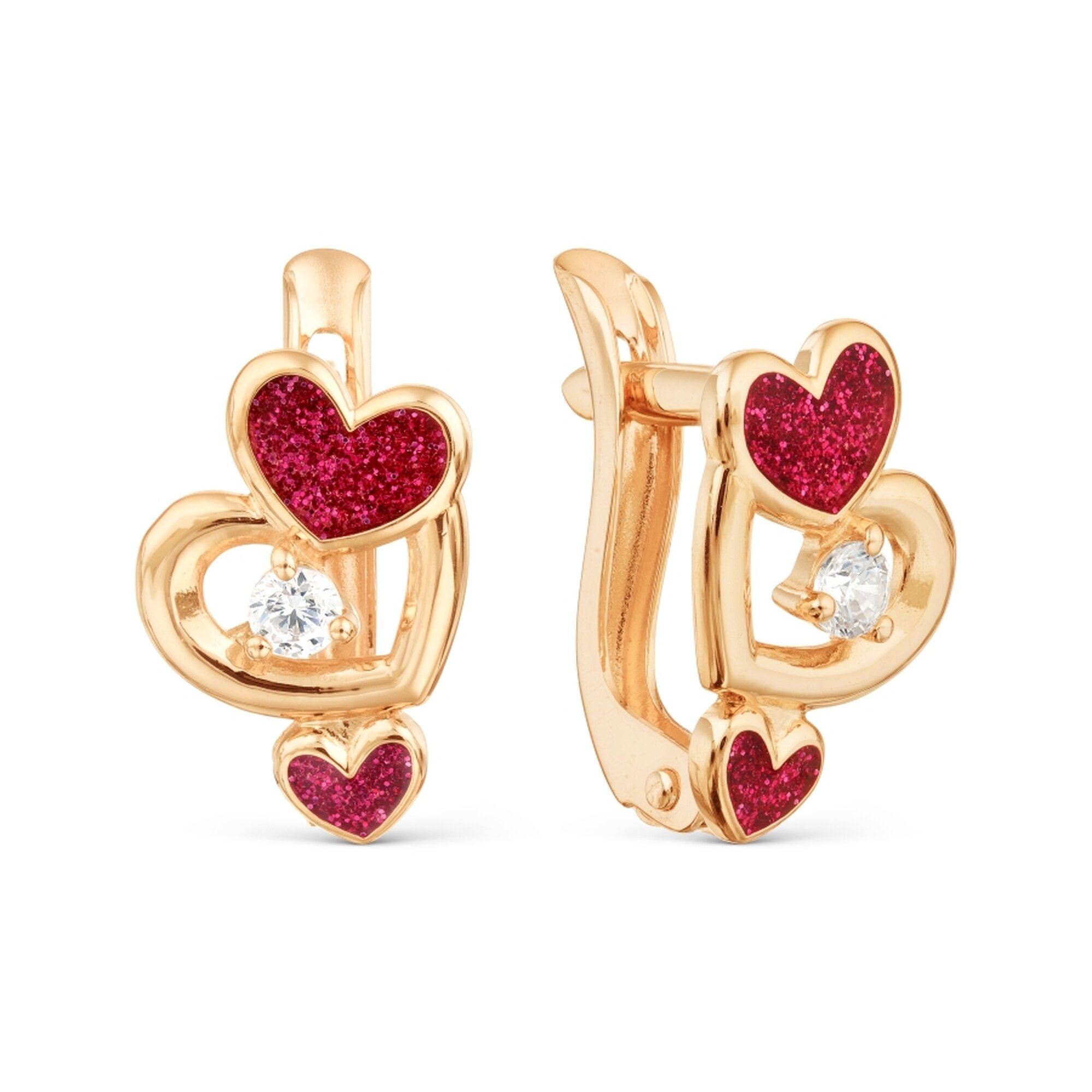 Серьги, красное золото, 585 проба, эмаль, фианит