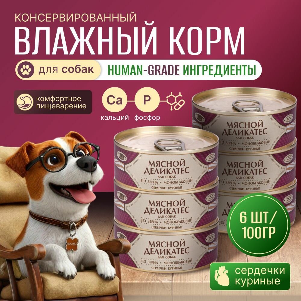 Yummy Мясной Деликатес Влажный корм для собак Сердечки куриные в желе, 100 г. * 6 шт.
