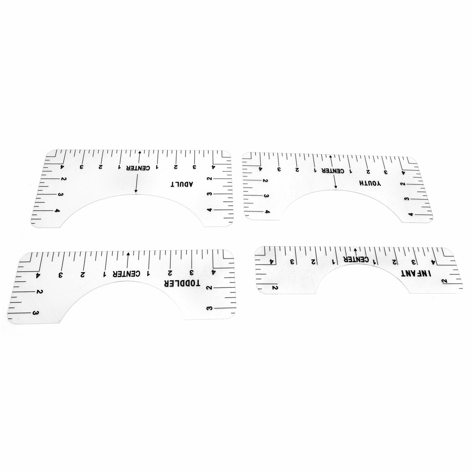 4 ПКЛ Линейка для выравнивания принтов на футболках для взрослых, подростков, детей и младенцев, измерительная линейка для одежды, прозрачная, размер взрослой линейки 25.5x12.7см, подростковой 25.5x11.5см, детской 25.5x9см, младенческой 25.5x6.4см,
