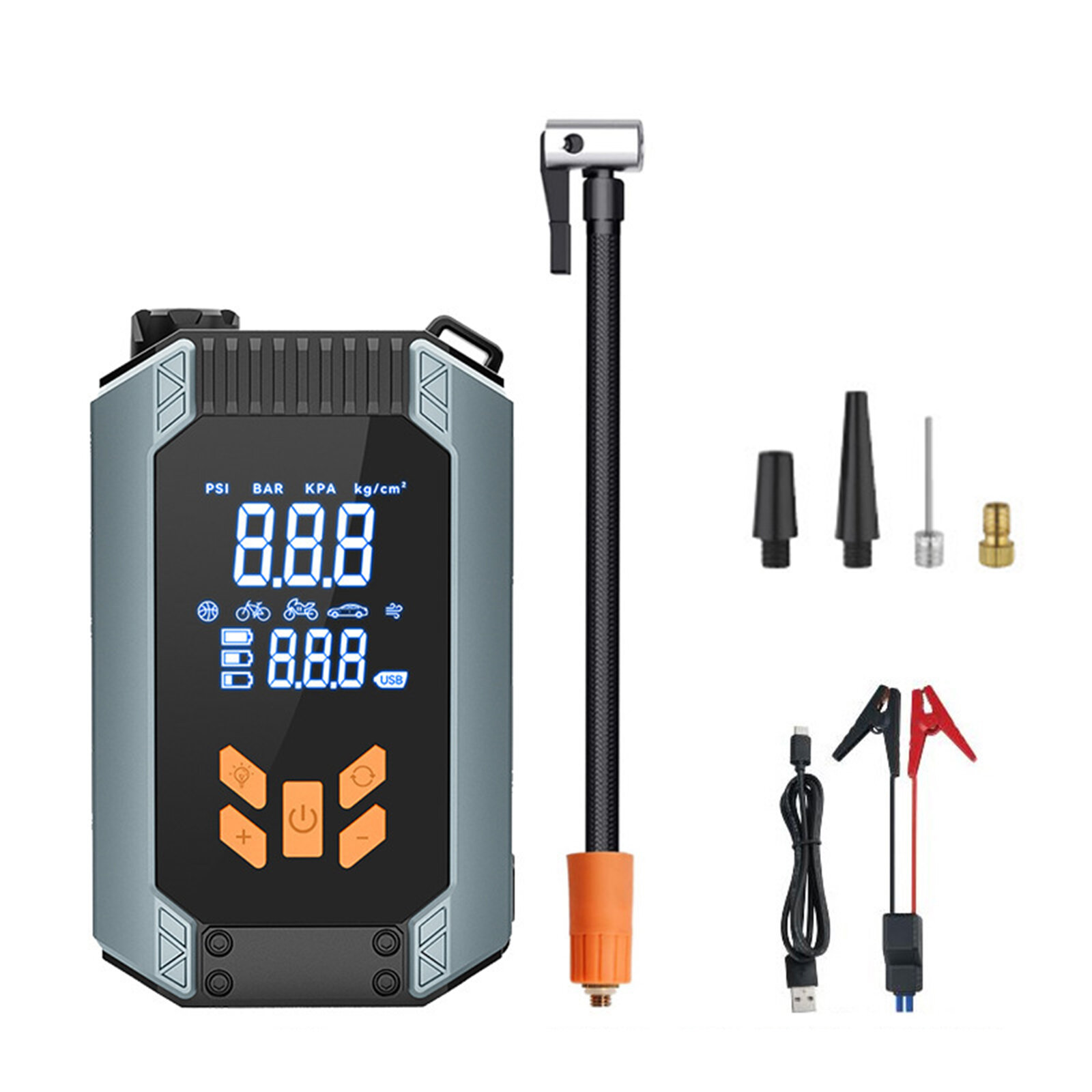 Насос для надувания шин портативный беспроводной 150PSI с LCD экраном LED светом интеллектуальным клешем для автомобилей мотоциклов велосипедов мячей черного цвета размером 150*90*46mm ABS 19L/min 14.8V 4*1800mAh 60W 200mm шланг Type-C 6-7H зарядка