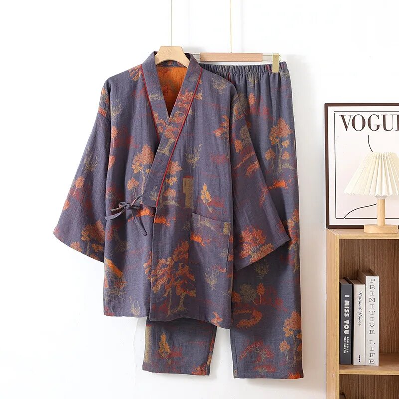 Men's Spring and Autumn Kimono Robes with Long Pants Pajamas Set Home Clothes Cotton Loose Pijama Masculino Clothes Kimono