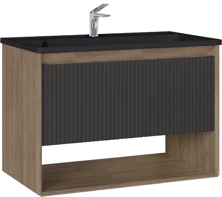 Тумба с раковиной Jorno Tossony 90 подвесная, 90 см, серая, светлое дерево, матовая, из МДФ, с ящиками, раковина для ванной, прямоугольная, лофт