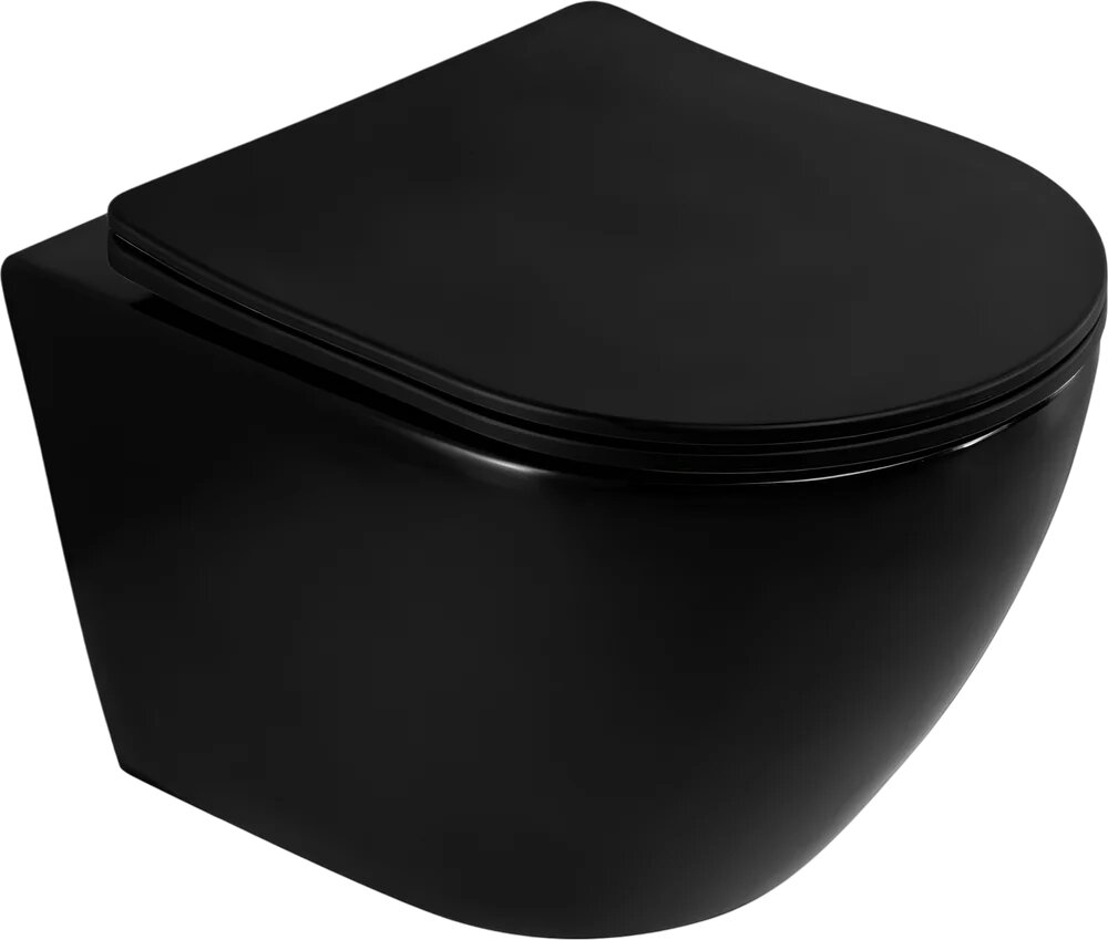 Унитаз подвесной Art&Max Ovale AM011CHR-MB/SC с микролифтом, безободковый, черный, без бачка, фаянсовый, антивсплеск овальный