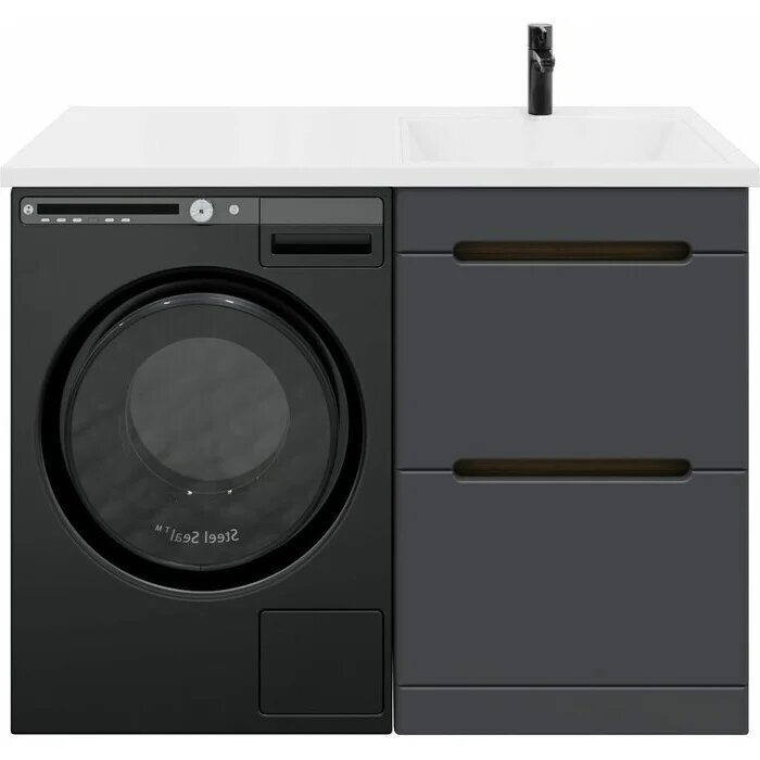 Тумба с раковиной SanStar Darko 110 R под стиральную машину под стиральную машину, напольная, 110, 2 см, серая, черная, светлое дерево, глянцевая, из МДФ, с ящиками, раковина для ванной, из искусствен