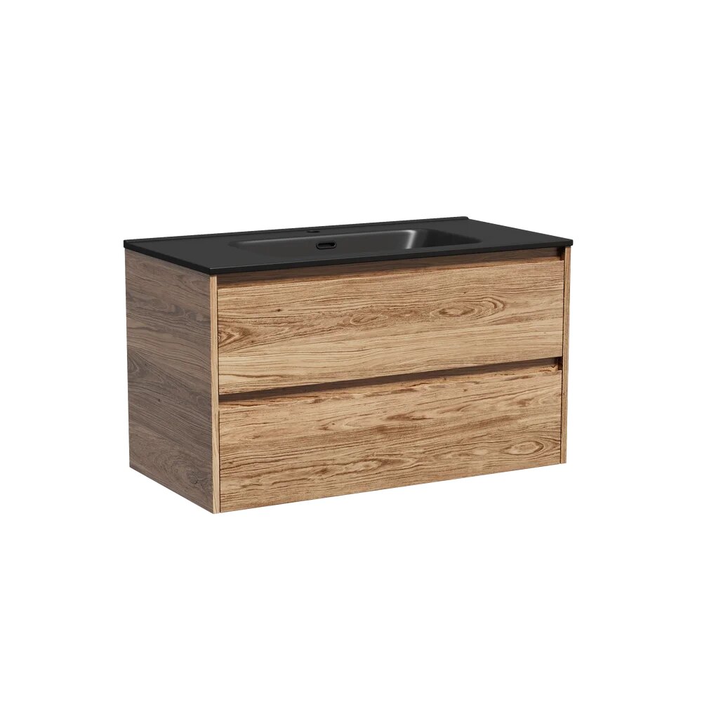 Тумба с раковиной Sancos Libra подвесная, 91 см, светлое дерево, матовая, из ЛДСП, с ящиками, раковина для ванной, фарфоровая, прямоугольная, встроенный слив-перелив