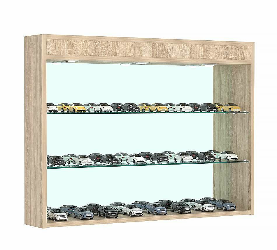 Витрина настенная №3-4Г зеркальная без дверей со стеклянными полками и верхней подсветкой, Дуб сонома