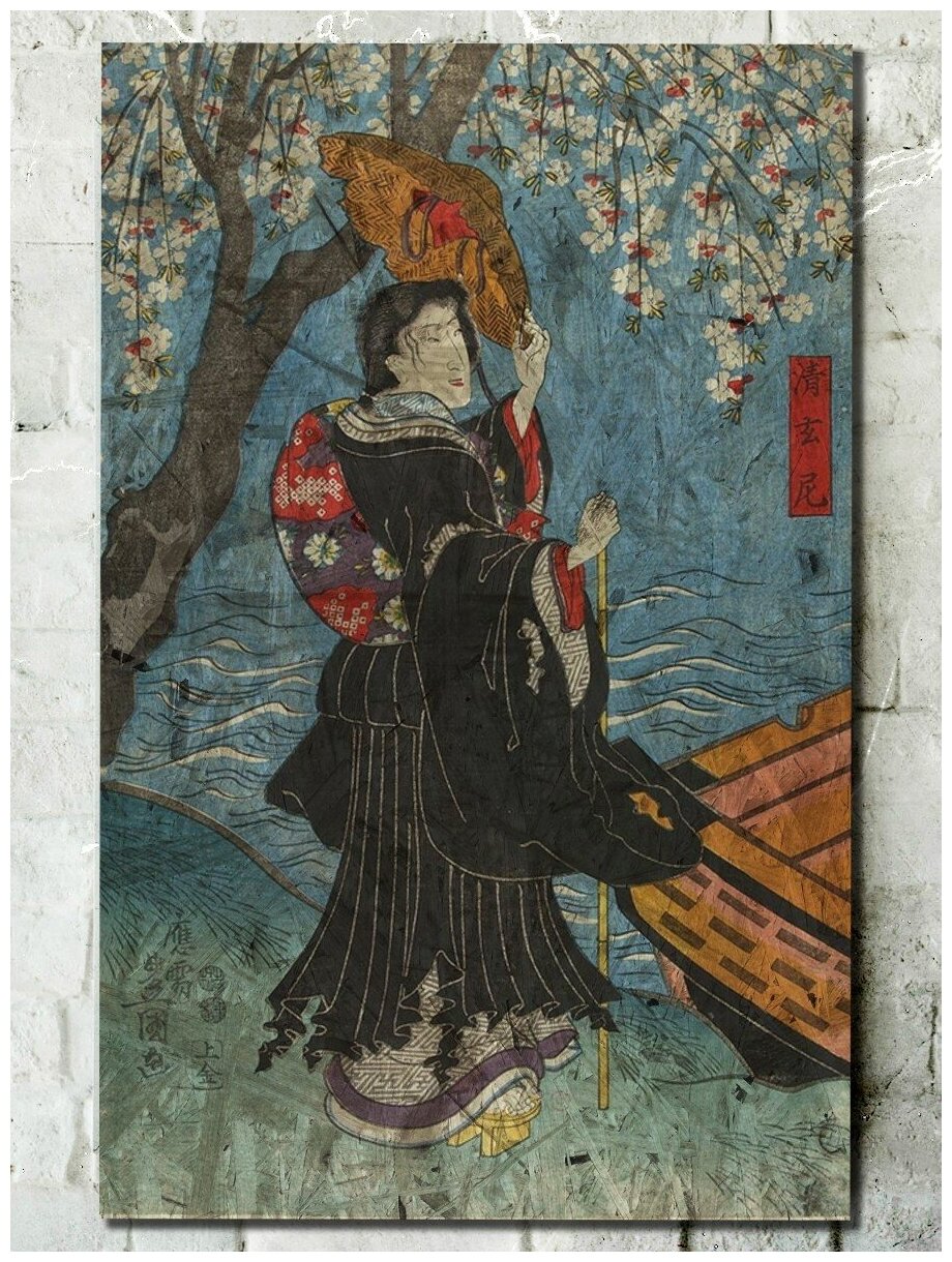 Картина интерьерная на рельефной доске японская живопись (гейша) - 912