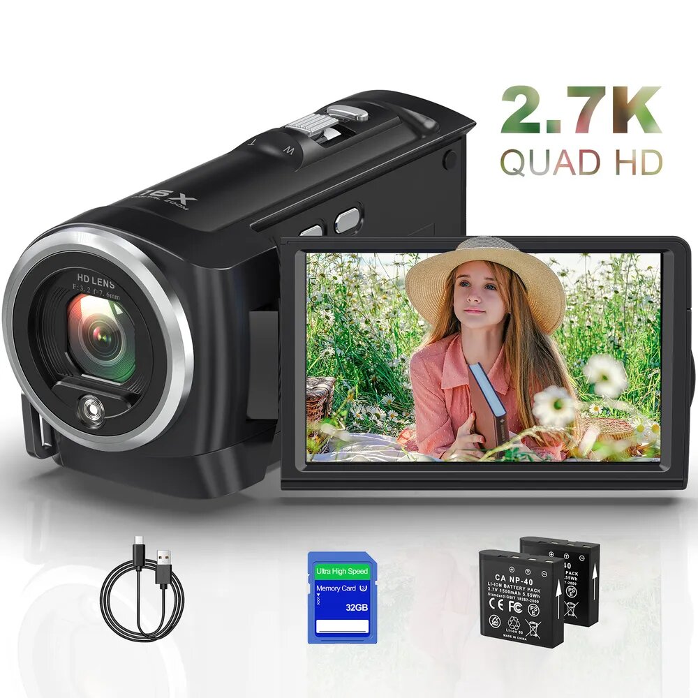 Видеокамера, HD 2.7K 50MP с 16-кратным зумом, вращающийся на 270 градусов экран, карта памяти объемом 32 ГБ и 2 батарейки