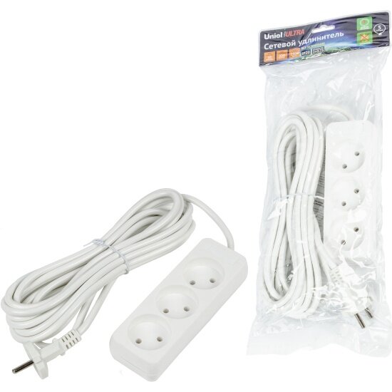 Удлинитель Uniel S-CU3-5 WHITE серии Ultra, шнур 5м, 3 гнезда, 10A, б/з