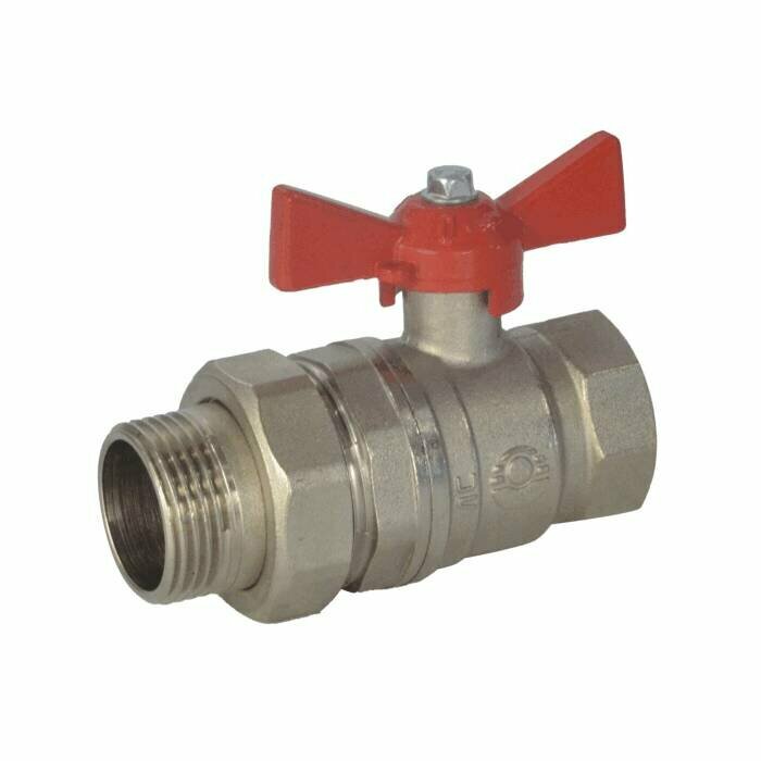 Кран шаровой латунь никель 11Б27фт1М Ду 32 Ру40 ВР/"американка" полнопроходной бабочка красная VF.227. NB1.114. N/P59