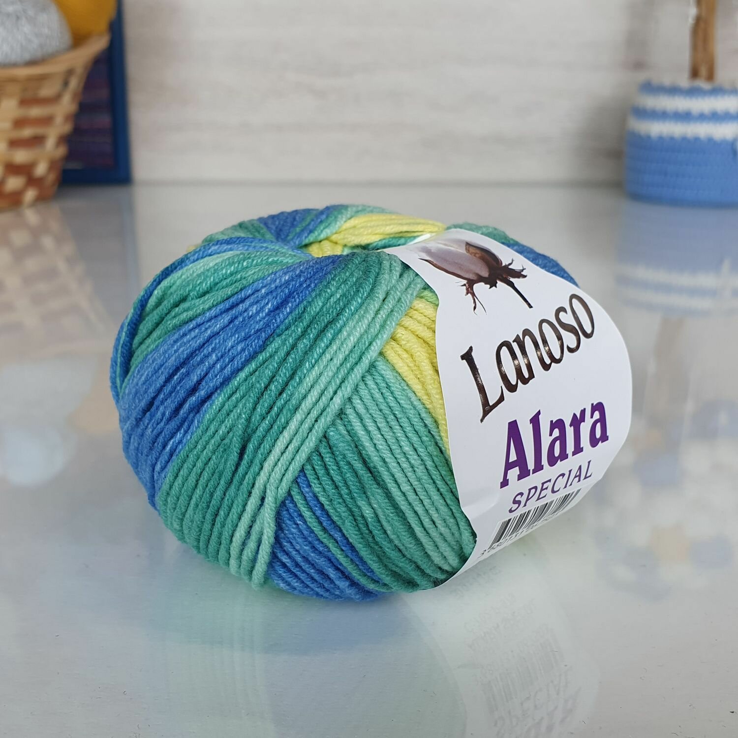 Пряжа Alara special Lanoso, синий/салат принт - 702, 50% хлопок, 50% акрил, 5 мотков, 50 г, 140 м.