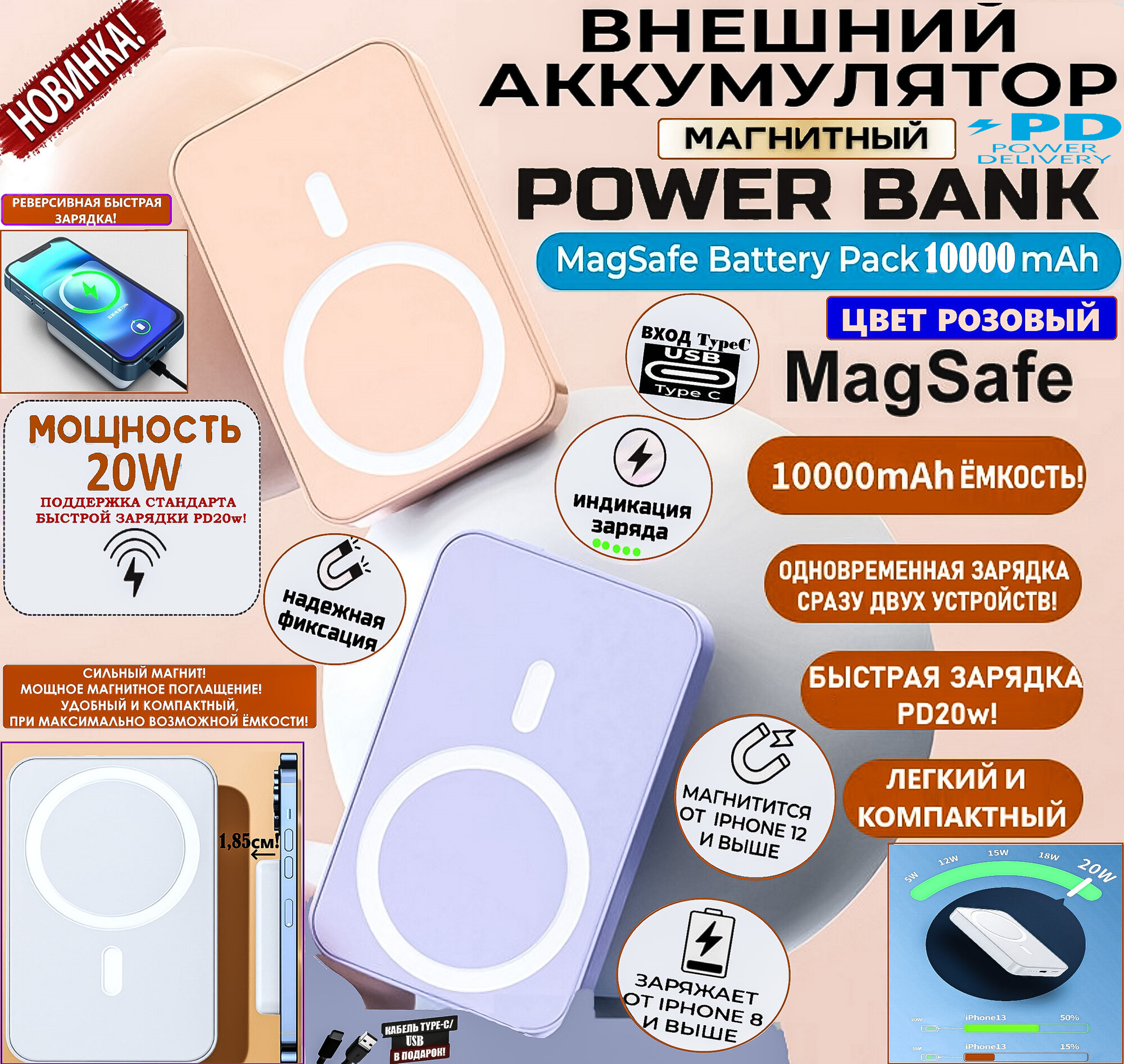 Повербанк внешний аккумулятор с быстрой беспроводной магнитной зарядкой MagSafe 10000mAh TypeC PD20w для iPhone и Android/С индикатором заряда/Розовый