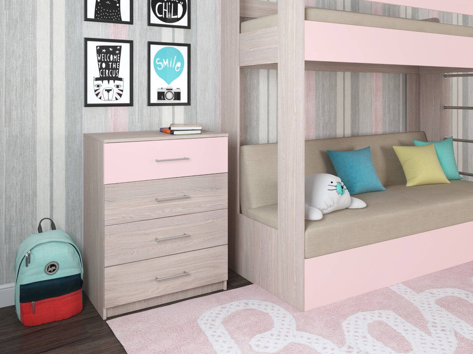 Комод с ящиками в детскую, в спальню, Есэндвич квадро Лаворо, 70x43х89 см (Анкор светлый/Розовый кварц)