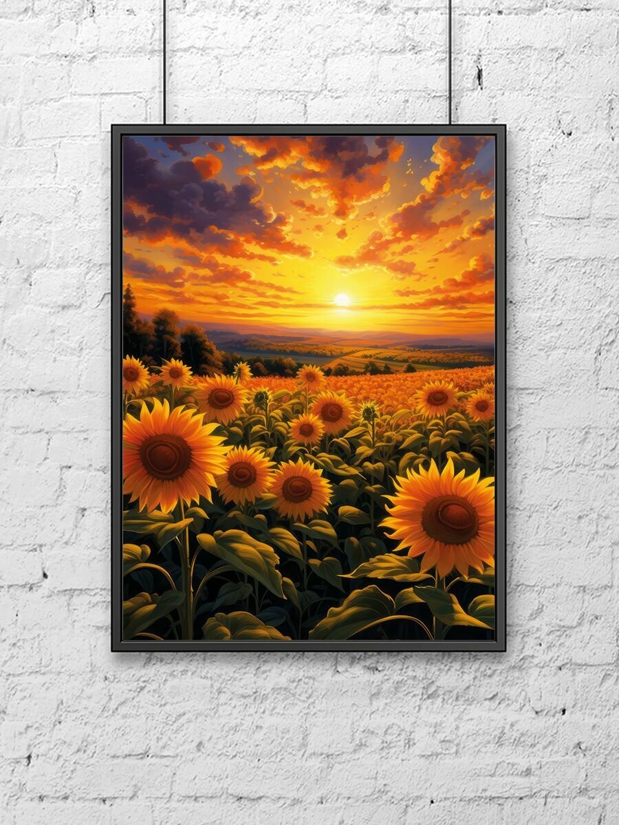 Постер для интерьера на стену (30х40 см). Поле с подсолнухами на закате
