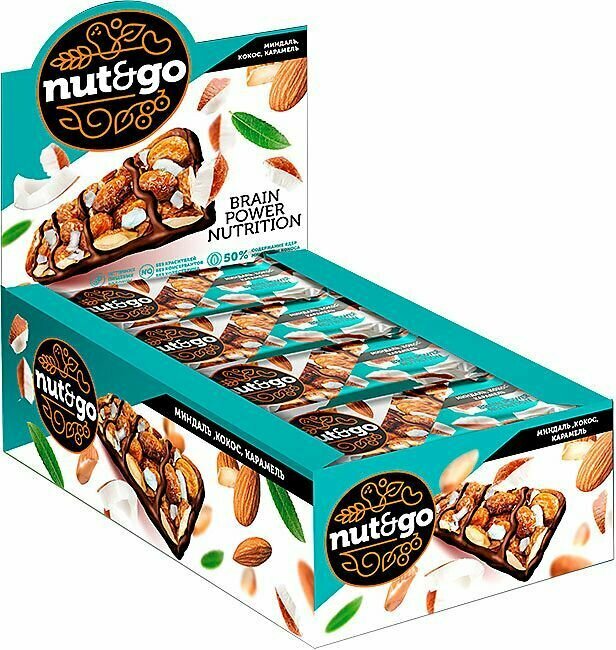 Батончик "NutGo" с миндалём, кокосом, карамелью, 36 г (упаковка 18 шт.)