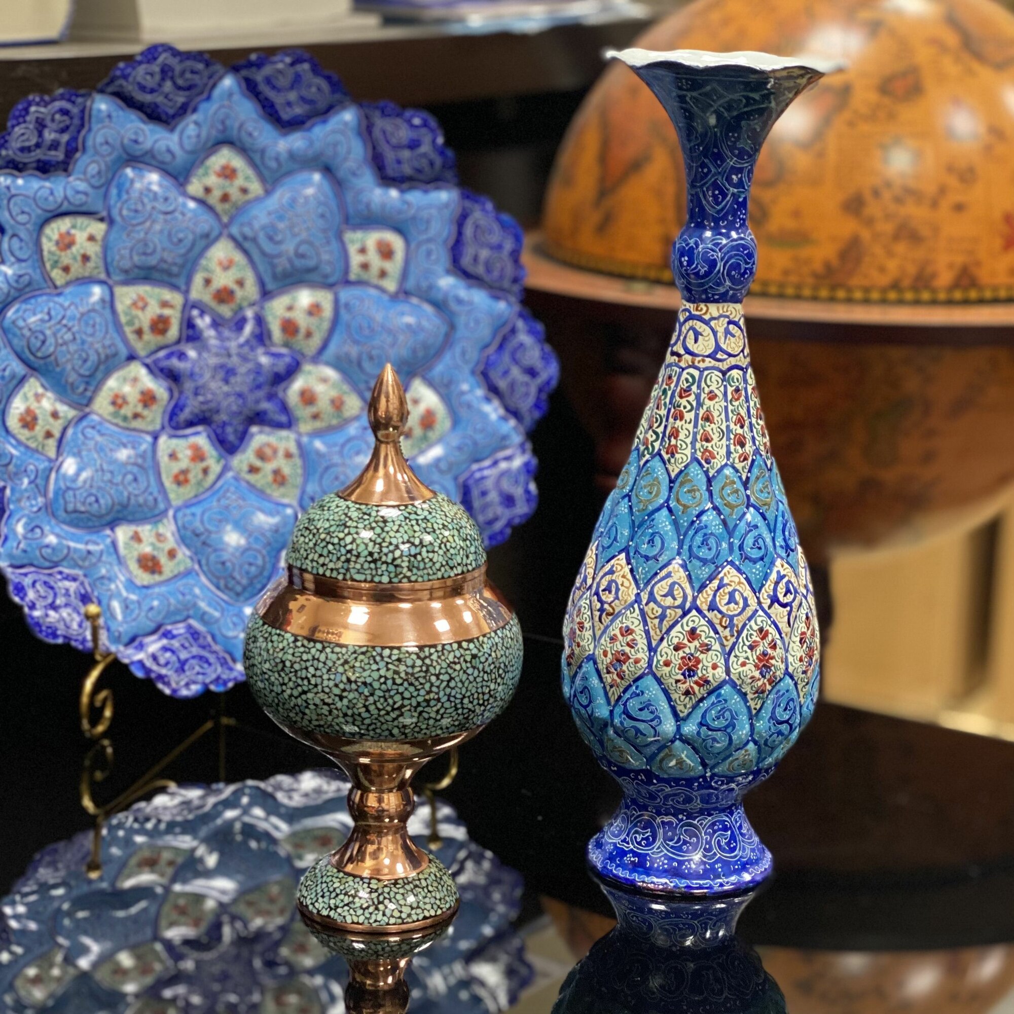 Конфетница Персидский базар "Фирузе Куби", ручная инкрустация бирюзой, 24x11x17.5см