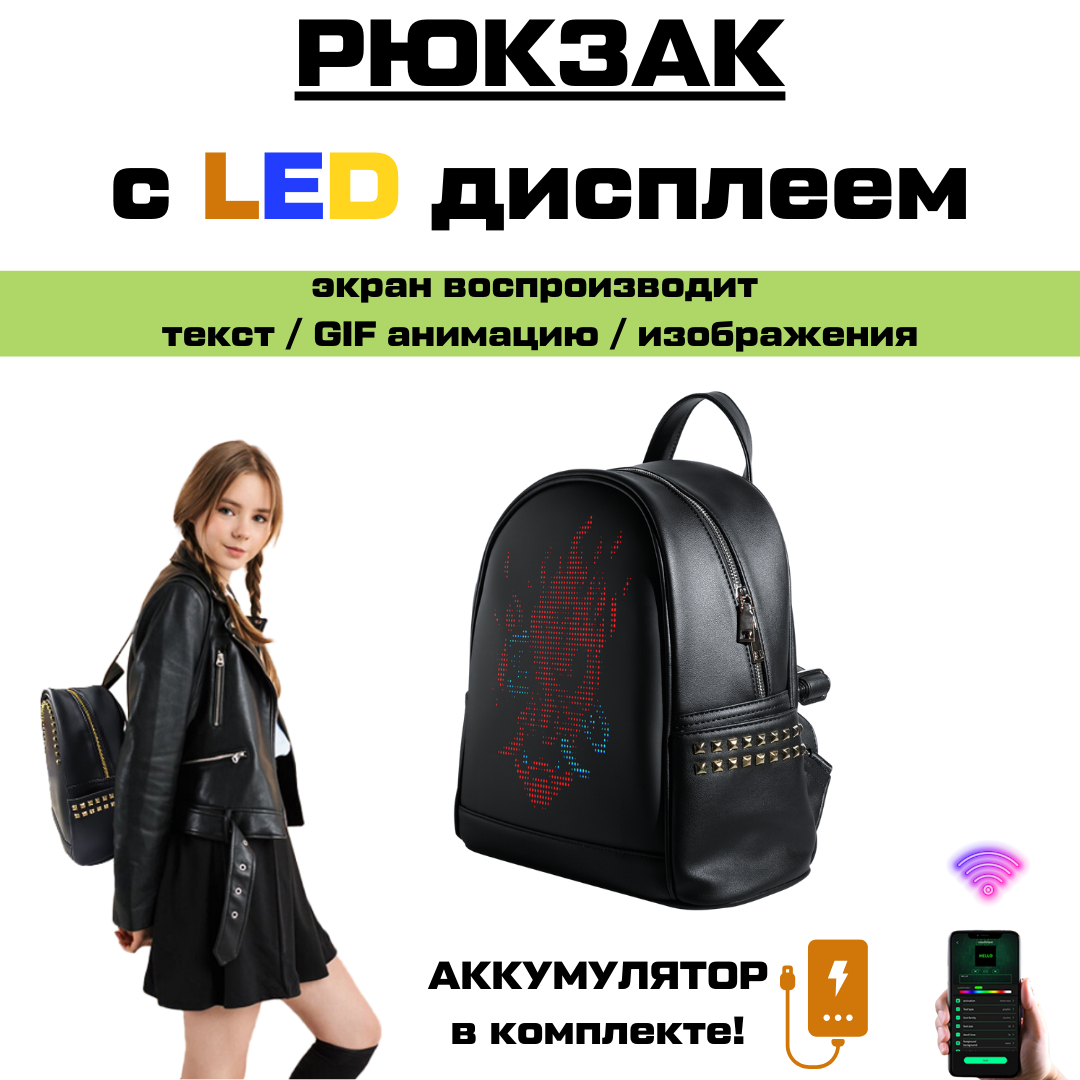 Рюкзак Honey Bag пиксельный, для девочек, с LED-экраном, гладкий, чёрный