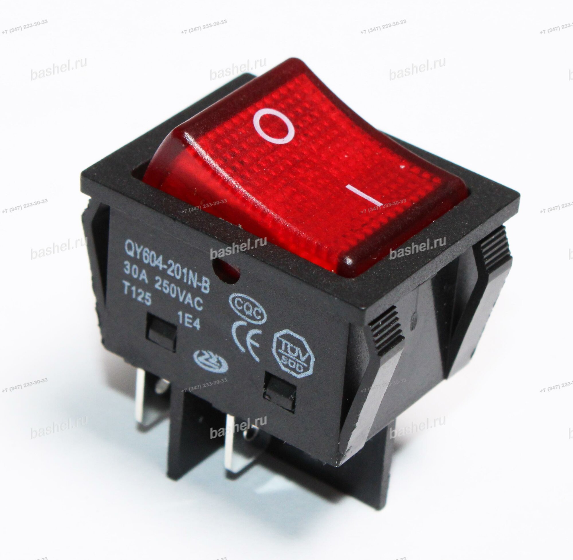 Выключатель KCD4-201N-B-R/4P 30А, 4PIN ON-OFF, красный с подсветкой