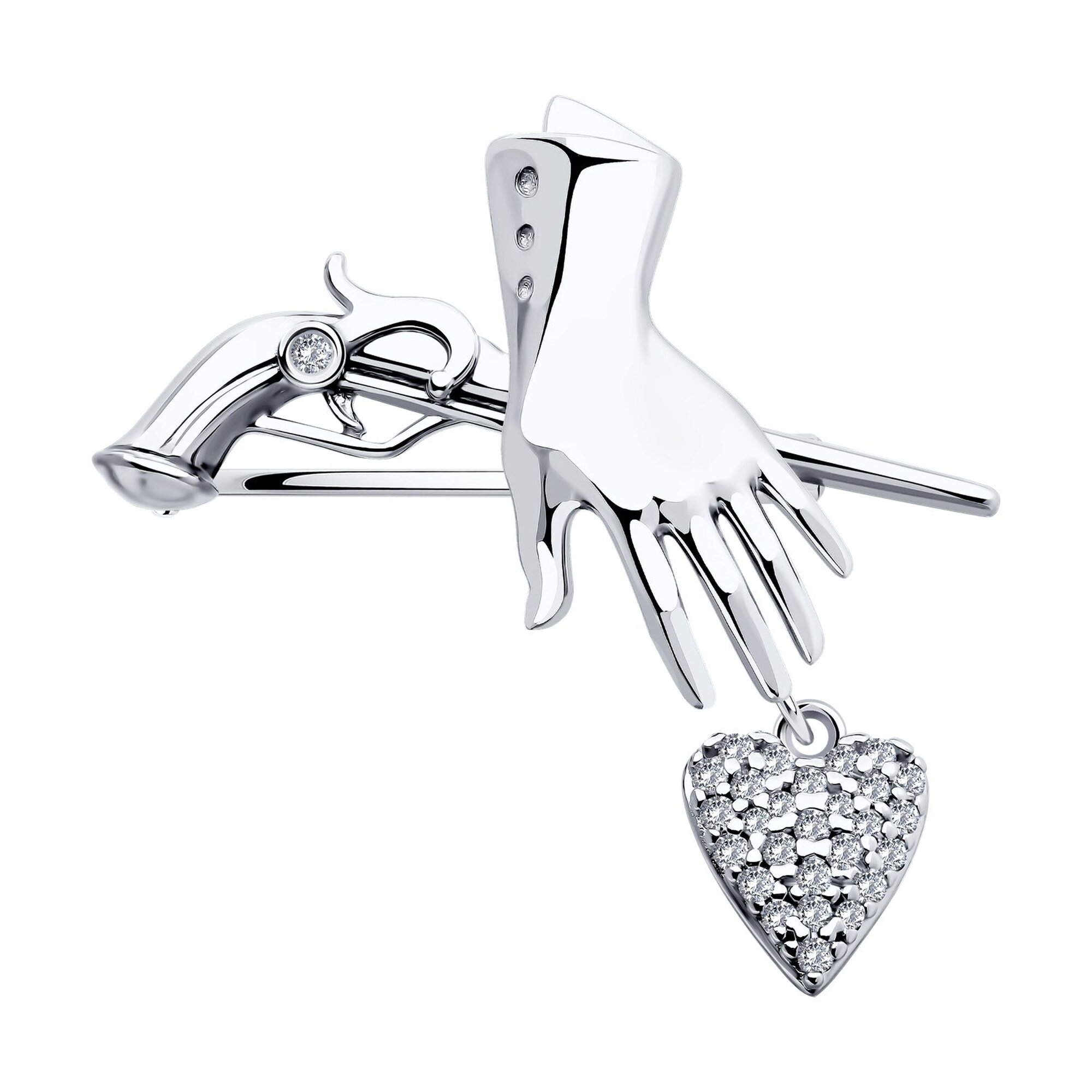 Брошь, серебро, 925 проба, родирование, фианит