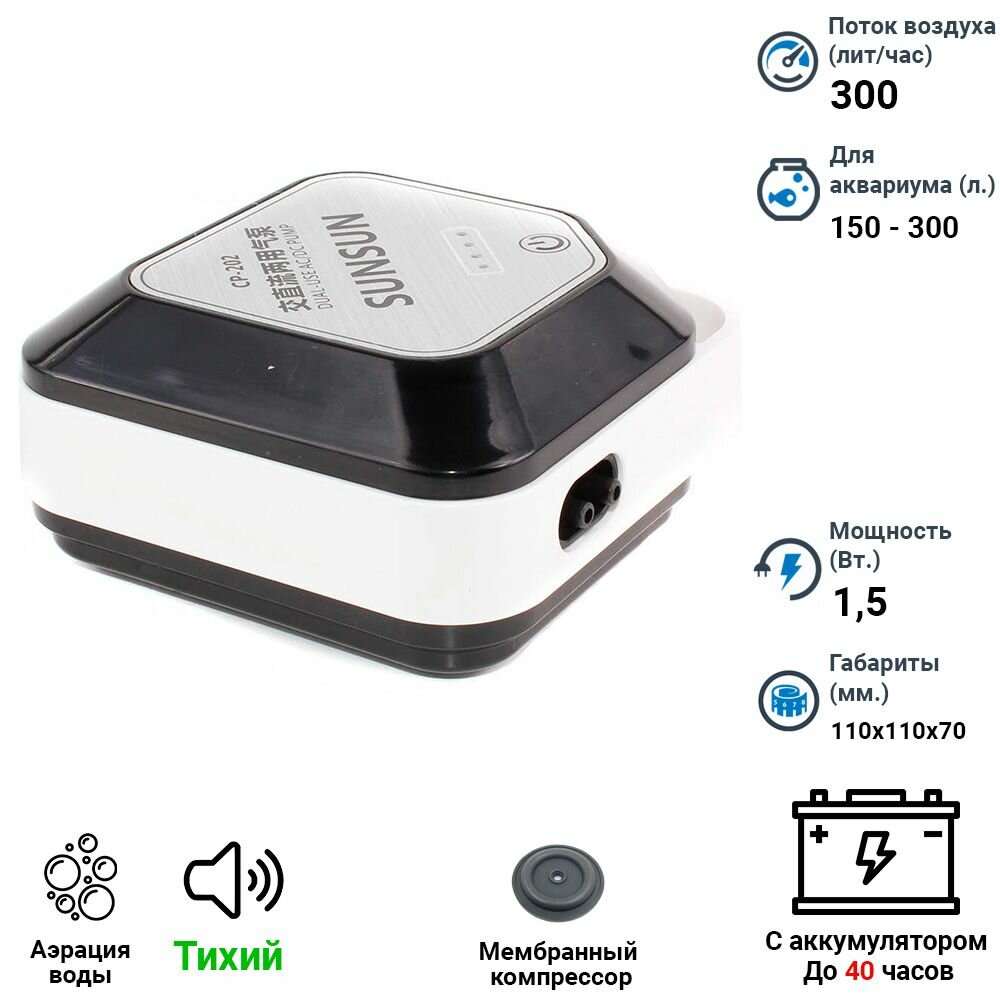 Бесшумный воздушный компрессор с аккумулятором, для аквариума от 150 до 300 литров, Sunsun CP 202. С регулировкой потока два режима работы, двухканальный.