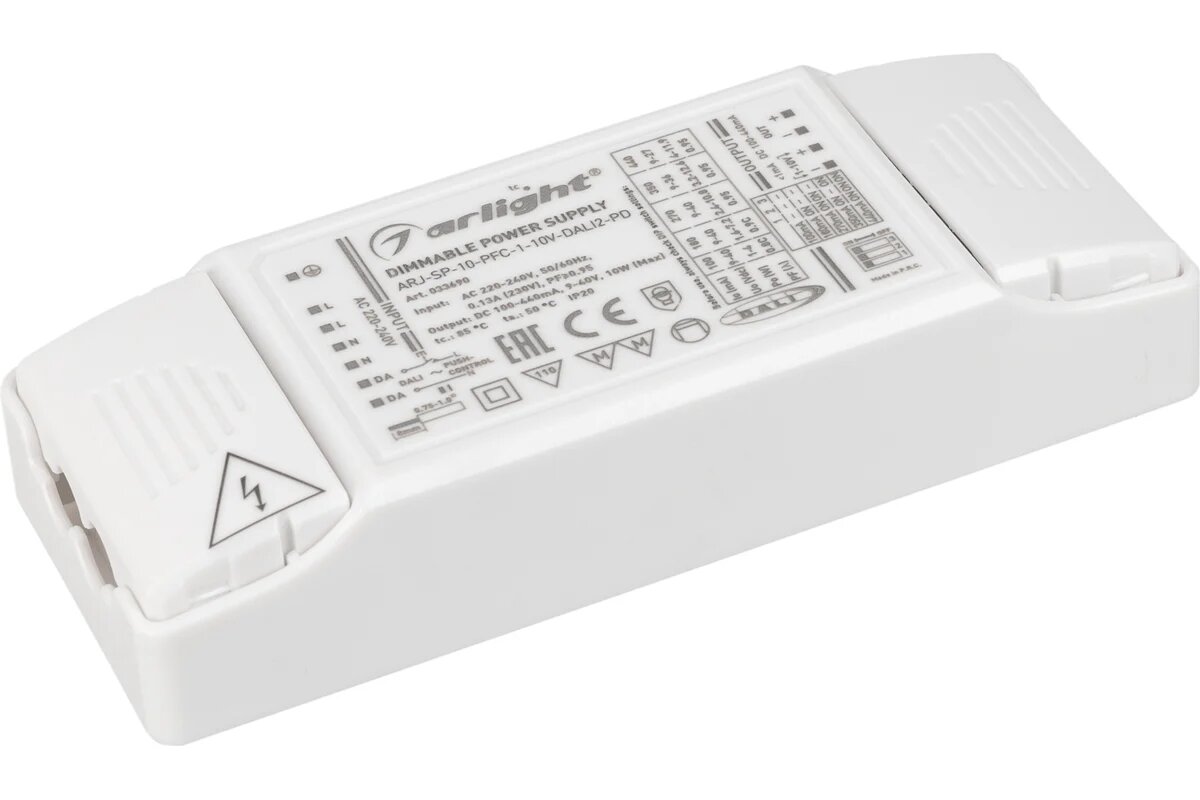 Блок питания ARJ-SP-10-PFC-1-10V-DALI2-PD (10W, 100-440mA) (Arlight, IP20 Пластик, 5 лет)