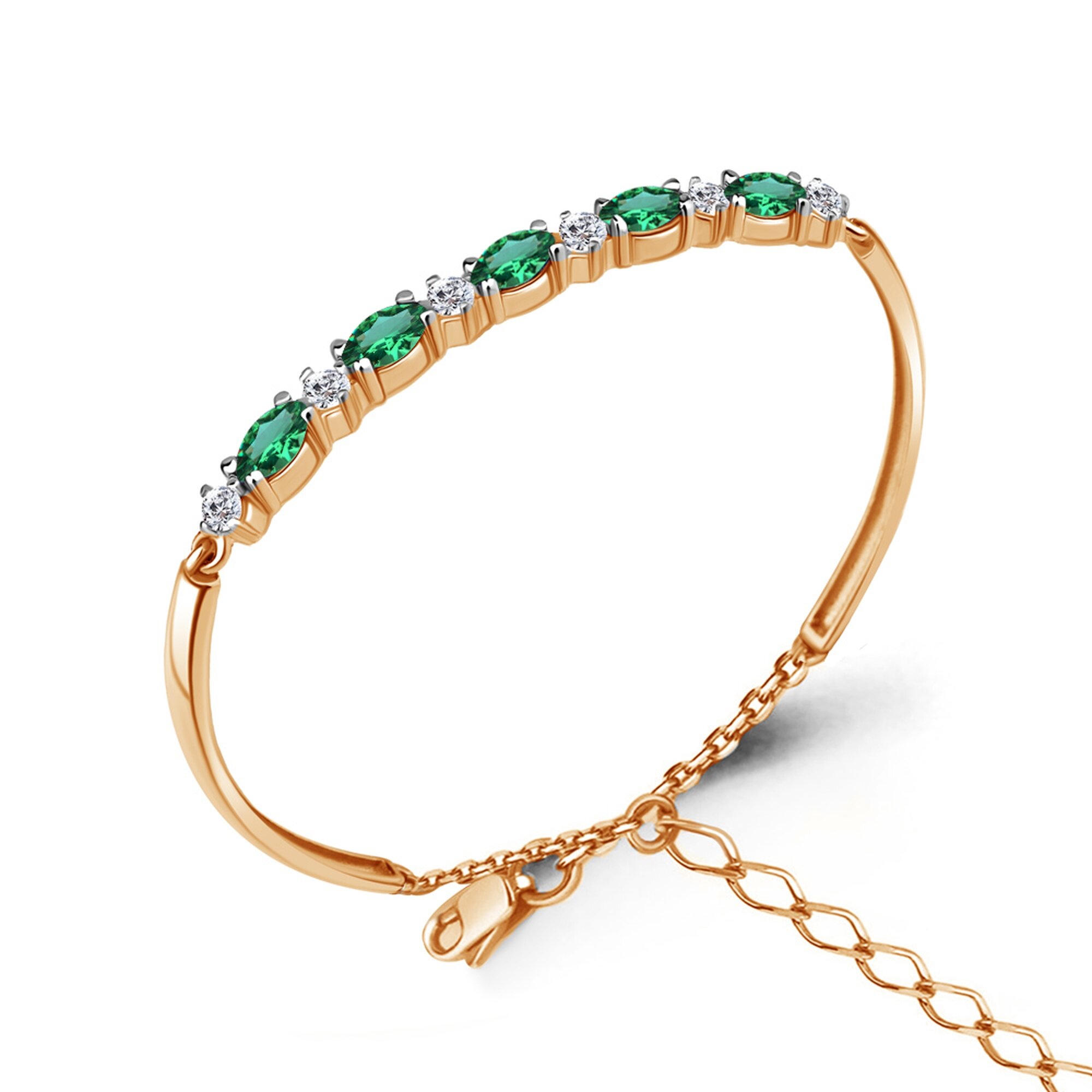 Жесткий браслет, серебро, 925 проба, золочение, изумруд синтетический, фианит