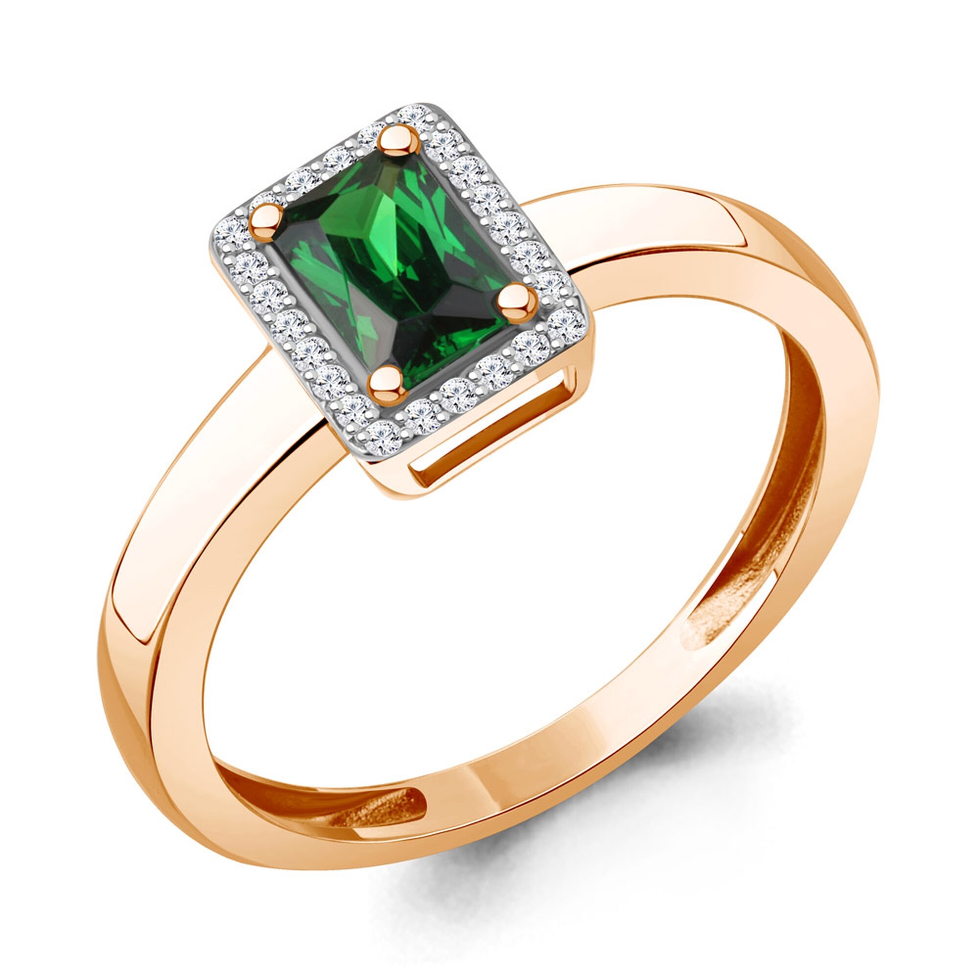 Кольцо, красное золото, 585 проба, изумруд синтетический, бриллиант