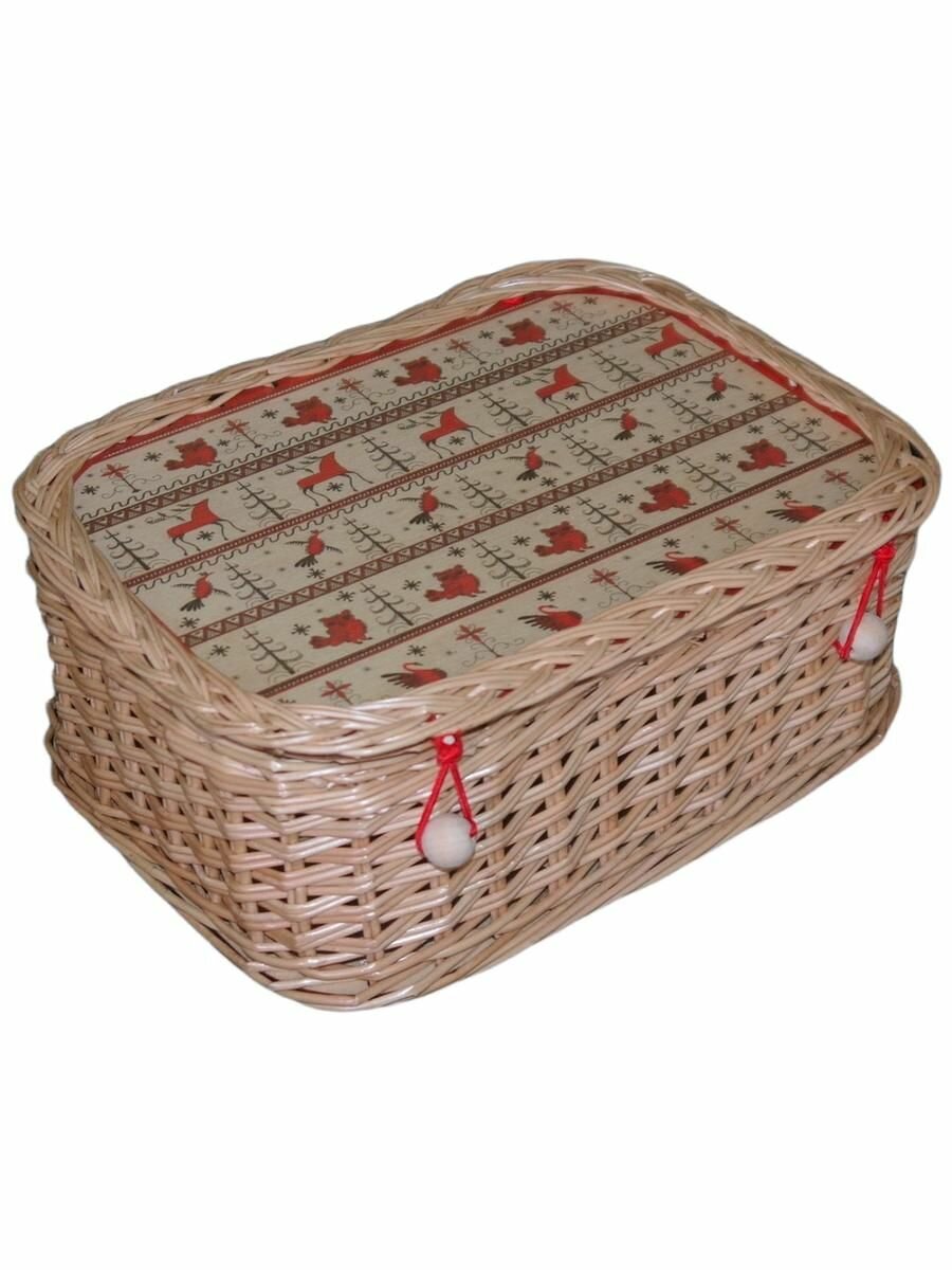 Шкатулка (корзина) прямоугольная плетеная с принтом на крышке "Мезень" №1, ручное плетение из лозы