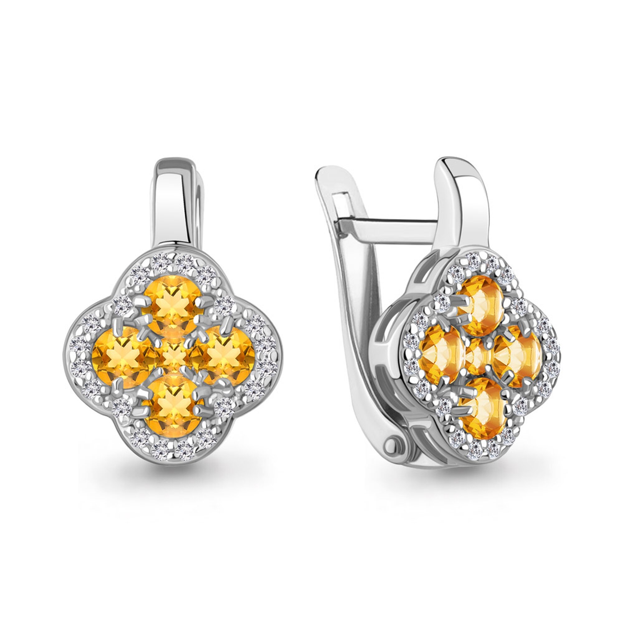 Серьги, серебро, 925 проба, родирование, фианит, цитрин