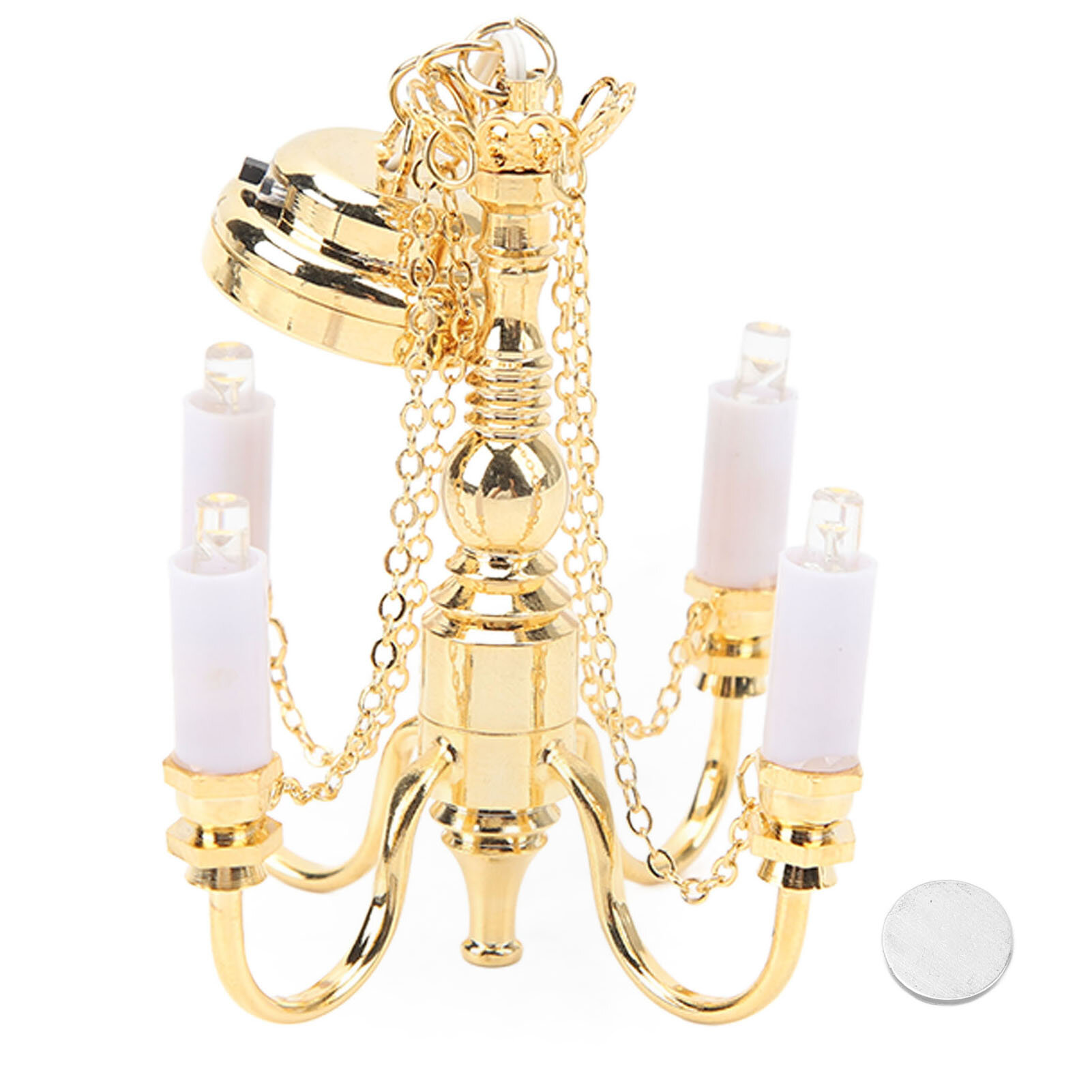 Люстра для кукольного домика, масштаб 1/12, на батарейках, реалистичный миниатюрный потолочный светильник с 4 головками, золотого цвета