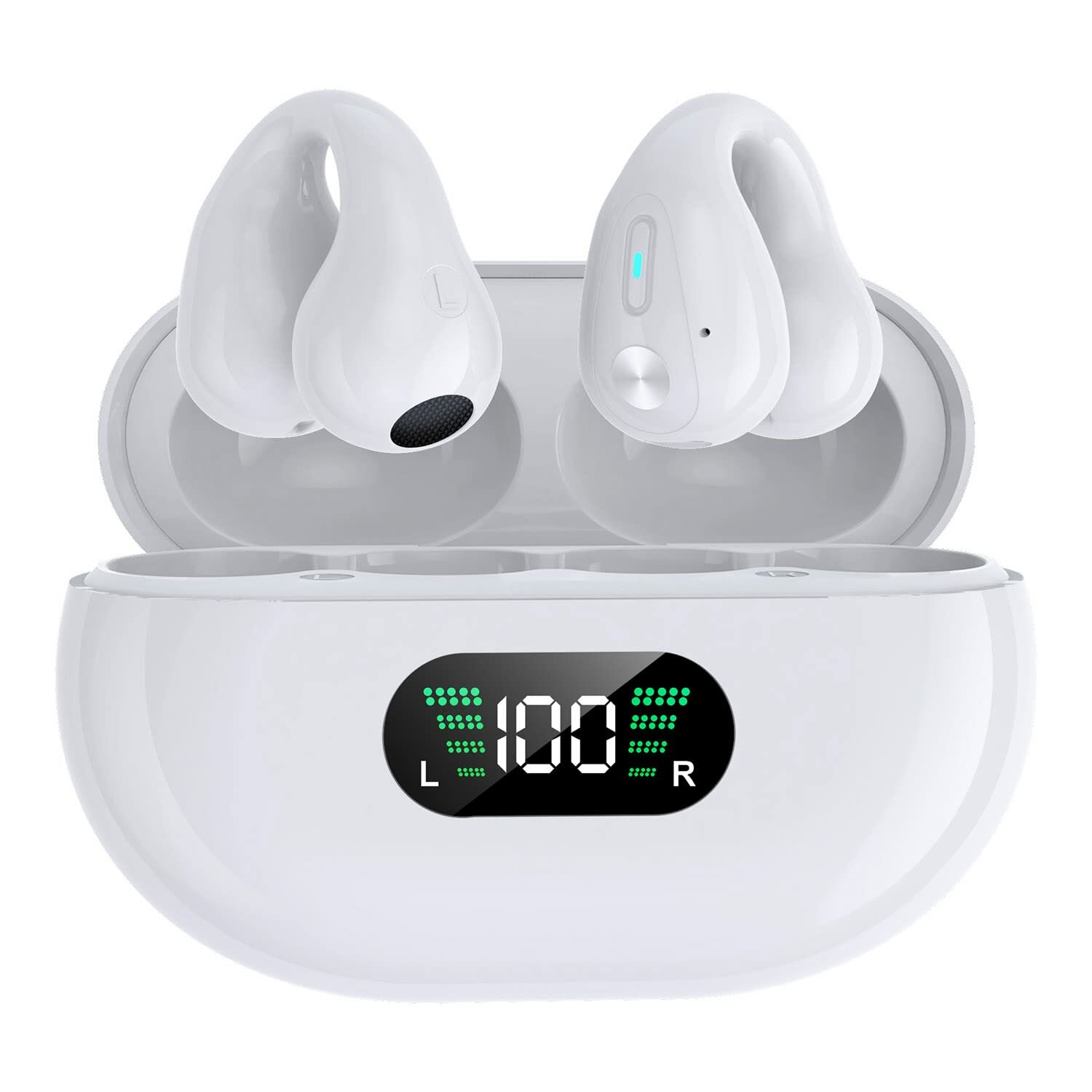 Беспроводные наушники-клипы костной проводимости Bluetooth 5.3 для циклинга, спорта, бега, вождения и других занятий, цвет черный/белый (выбор), материал ABS+PC, размер динамика 16мм диаметр, размер зарядного отсека 4.5x7x2см, время воспроизведения около
