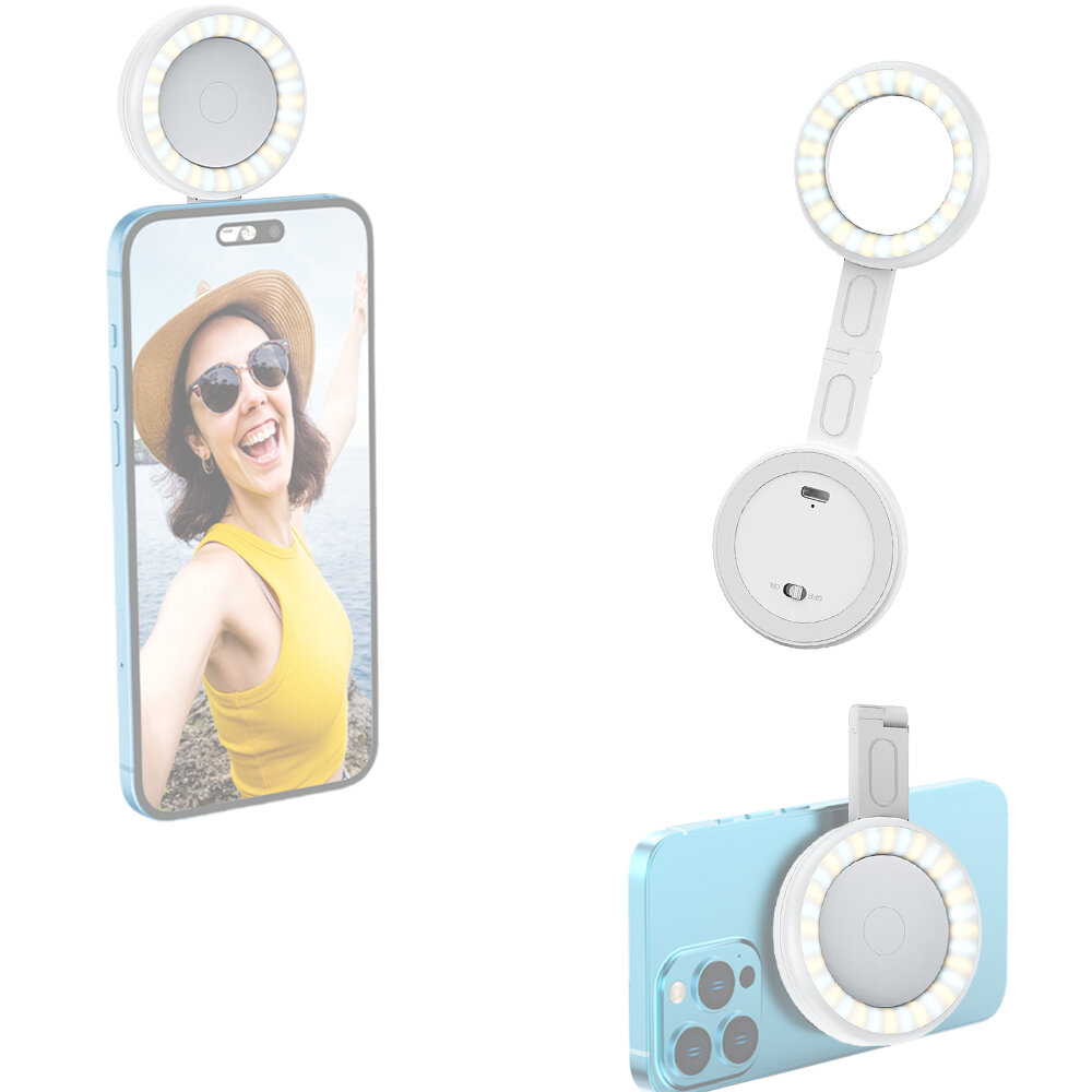 Магнитная светодиодная вспышка для телефона Selfie Light LED Video Light 2500K-9000K регулируемая яркость встроенная батарея для замены iPhone 15/14/13/12 Android телефонов Видеоконференция Влог Livestream Макияж черный/белый 32 светодиодных лампочки 3W