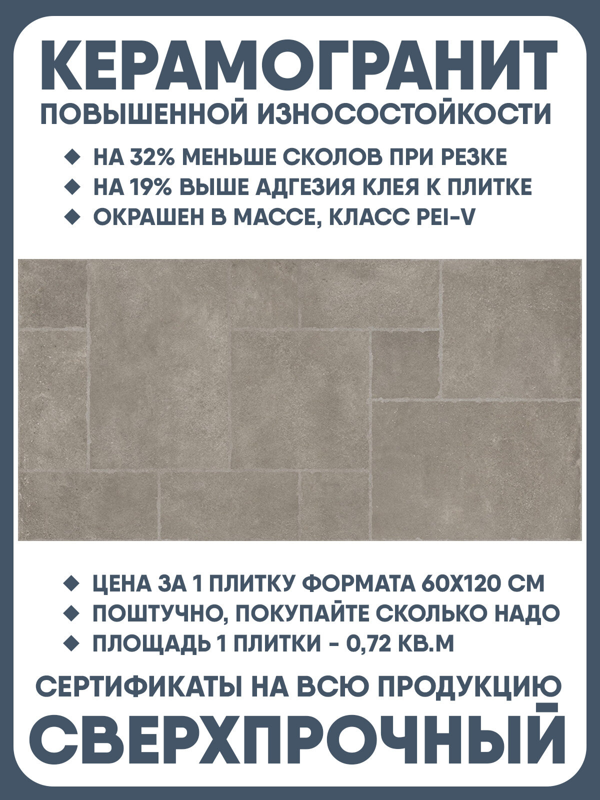 Керамогранит Mozart Concrete Smoke Cubix 60x120 см, сверхпрочный, матовый, под бетон, цена за 1 плитку