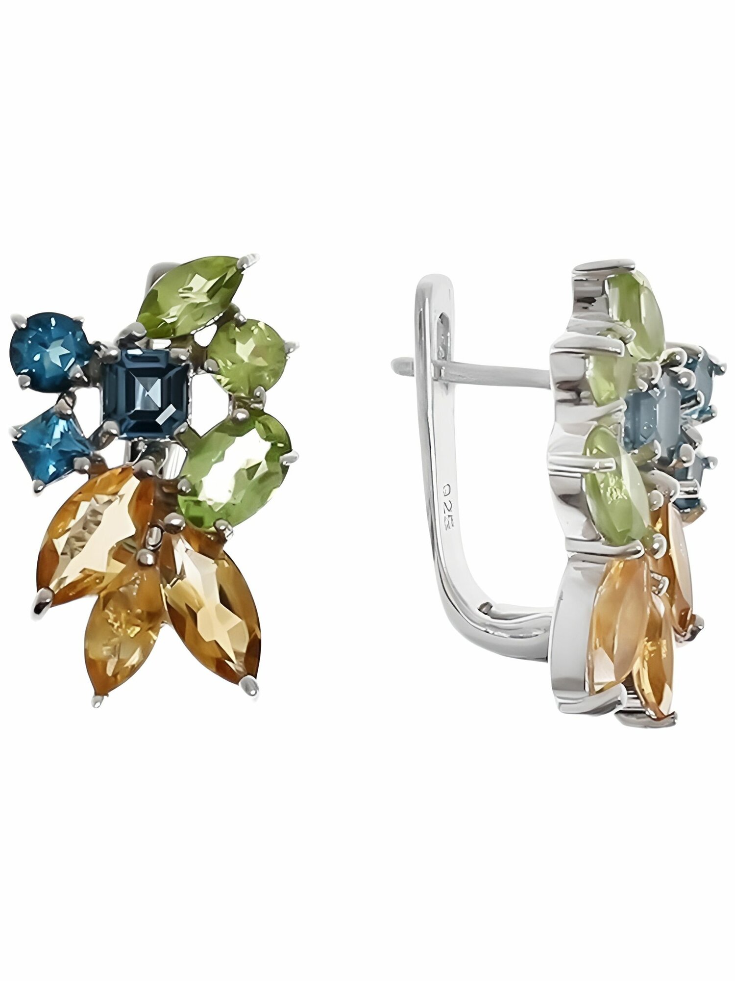 Серьги, серебро, 925 проба, родирование, хризолит, цитрин