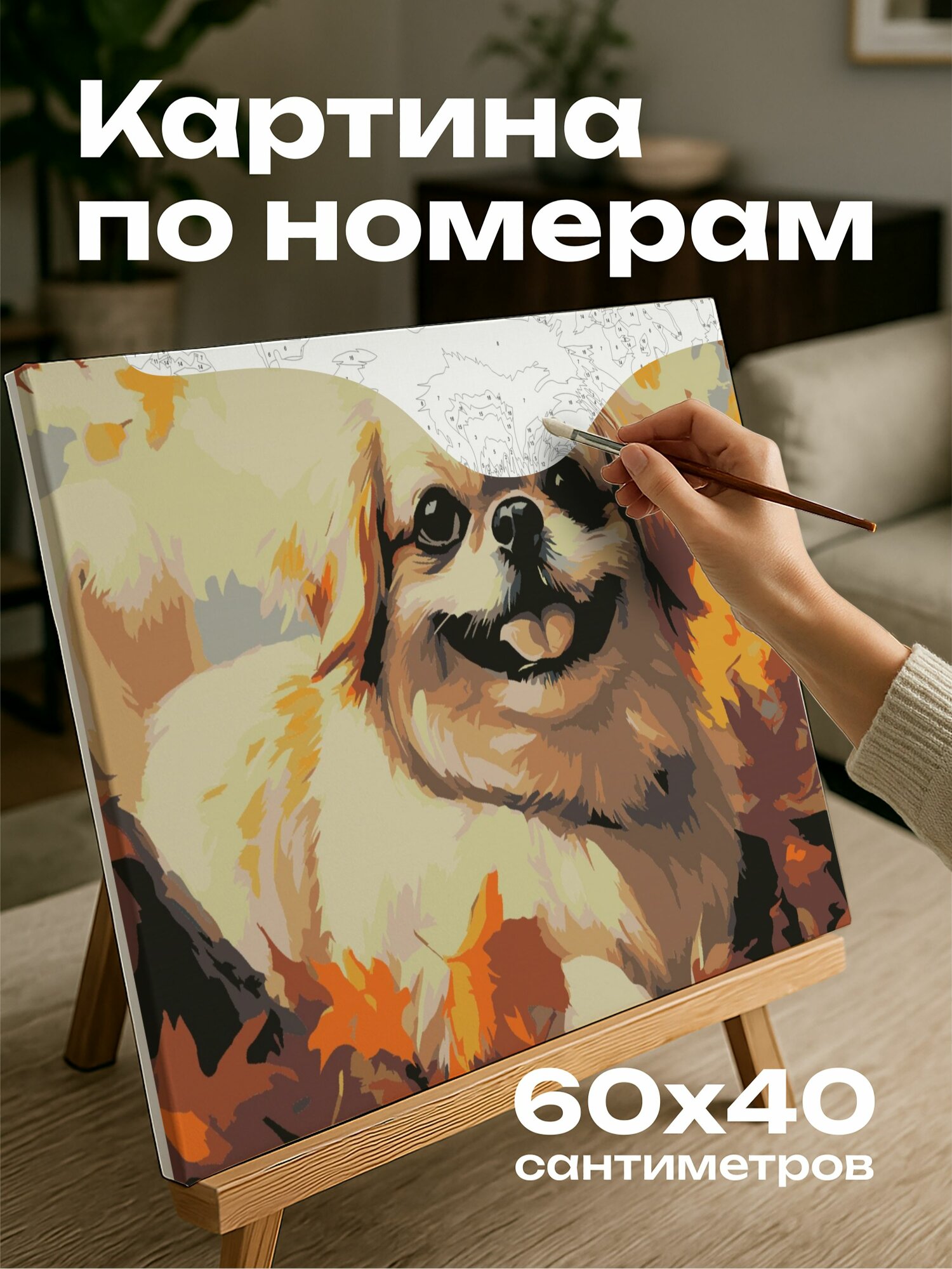 Картина по номерам 60x40 см, картина, масло, собака, пекинес, осенние листья, парк, игривое выражение